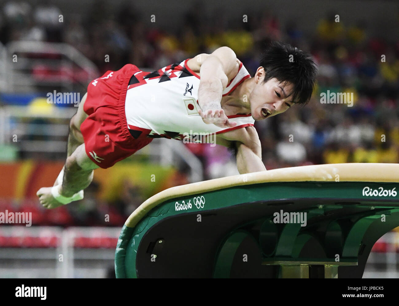 Kohei Uchimura of Japan competes on the vault in the men's gymnastics ...