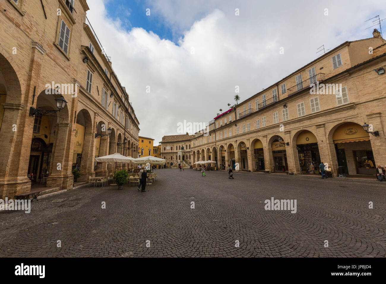 View of the historical buildings and arcades of Piazza del Popolo Fermo ...