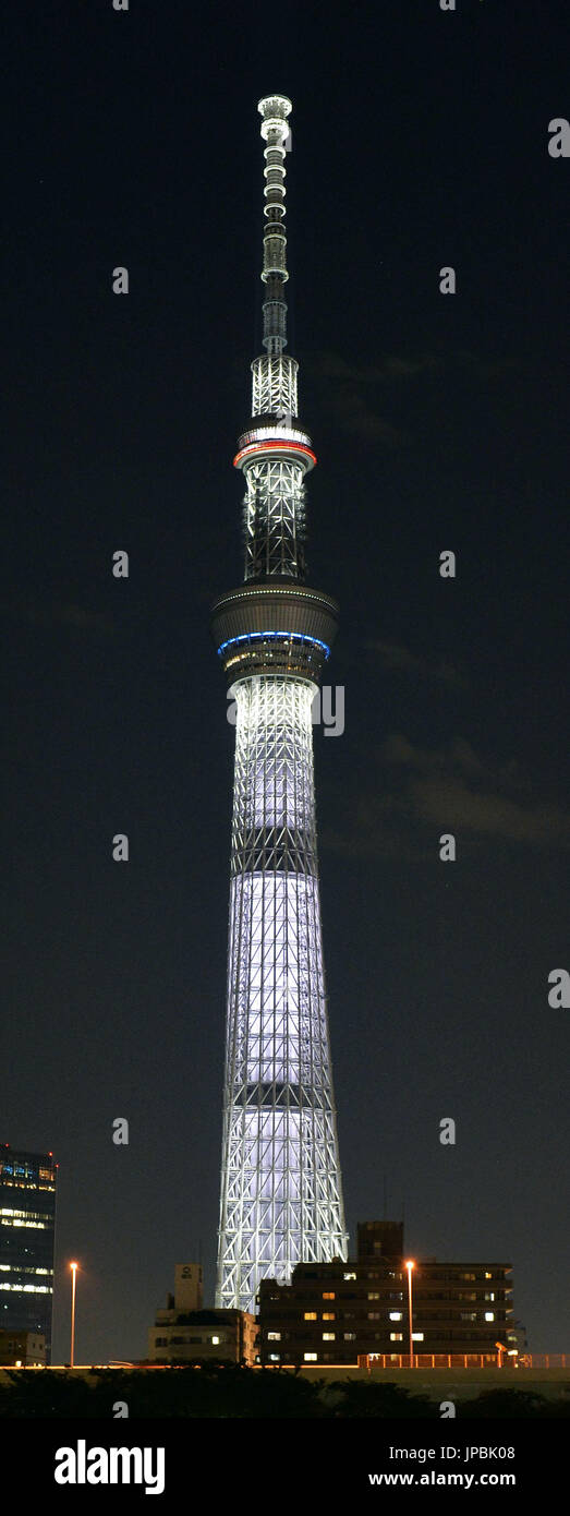 The 634-meter Tokyo Skytee, the world's tallest broadcasting tower in central Tokyo, is lit up ...