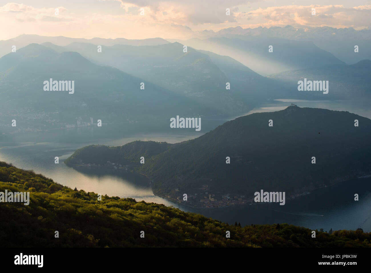 Montisola at sunset, view from Colmi of Sulzano, Brescia Province ...