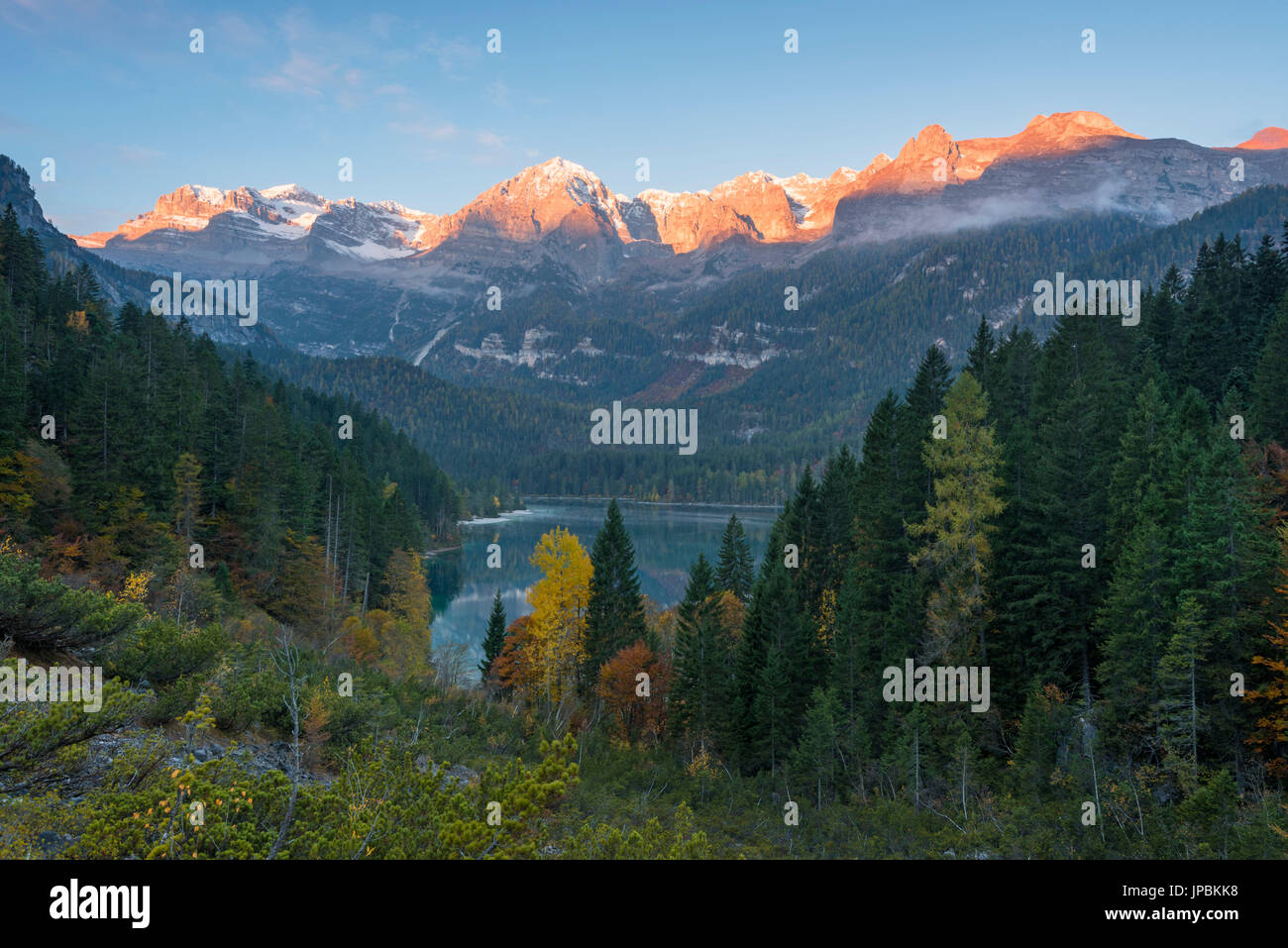 Lake Tovel at sunrise Europe, Italy, Trento region, Trento district ...