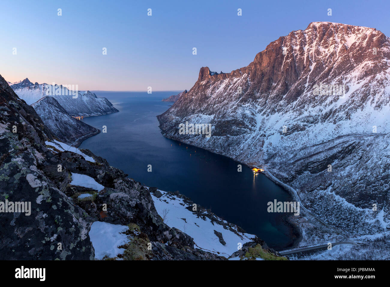 Twilight on Oyfjorden. Barden, Mefjordbotn, Mefjorden, Senja, Norway ...