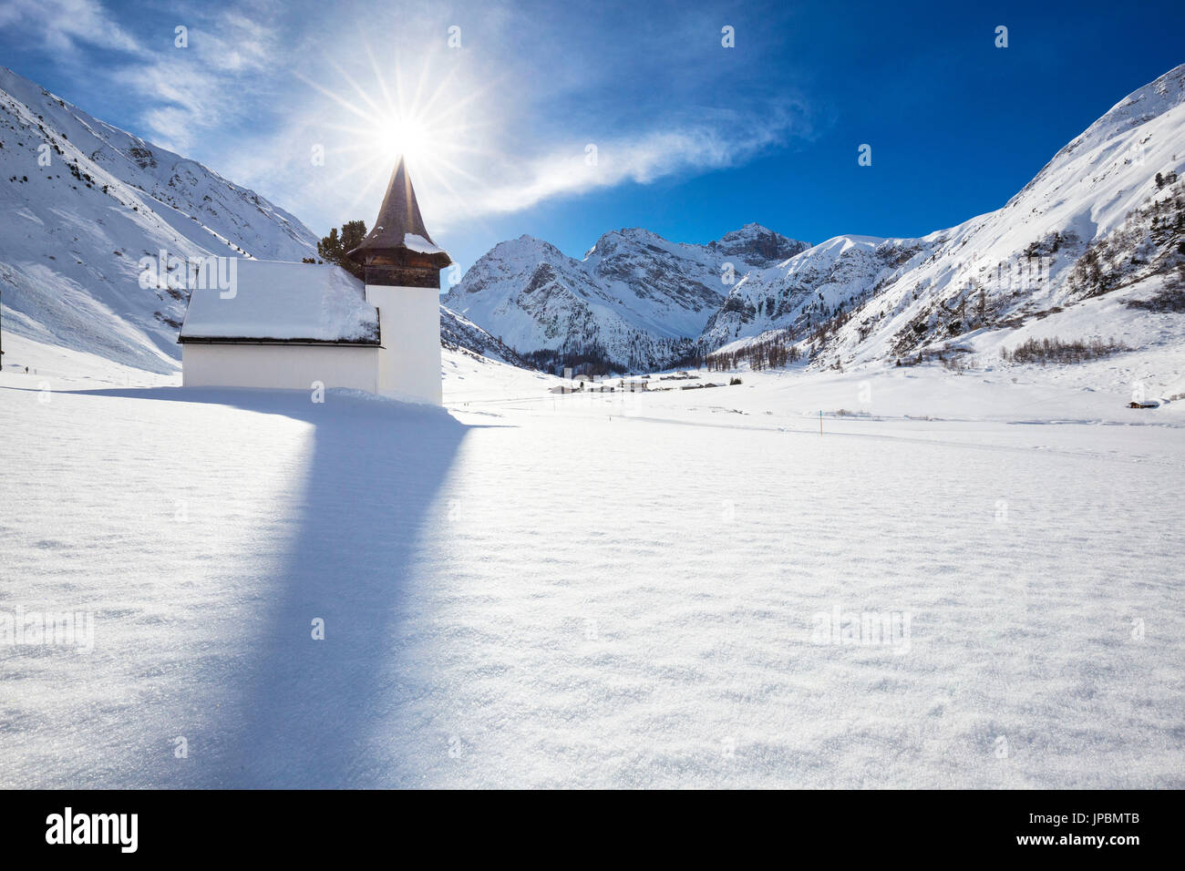 White typical church of Sertig Dorfli. Sertigtal, Graubuenden(Canton ...