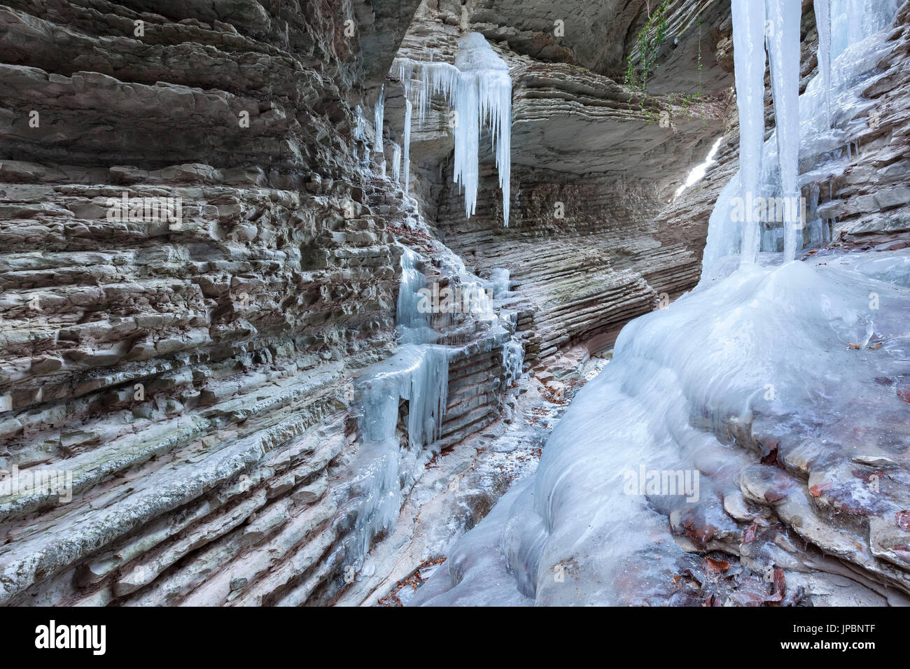 Europe, Italy, Veneto, Belluno. The gorge of Brent de l'art in winter ...