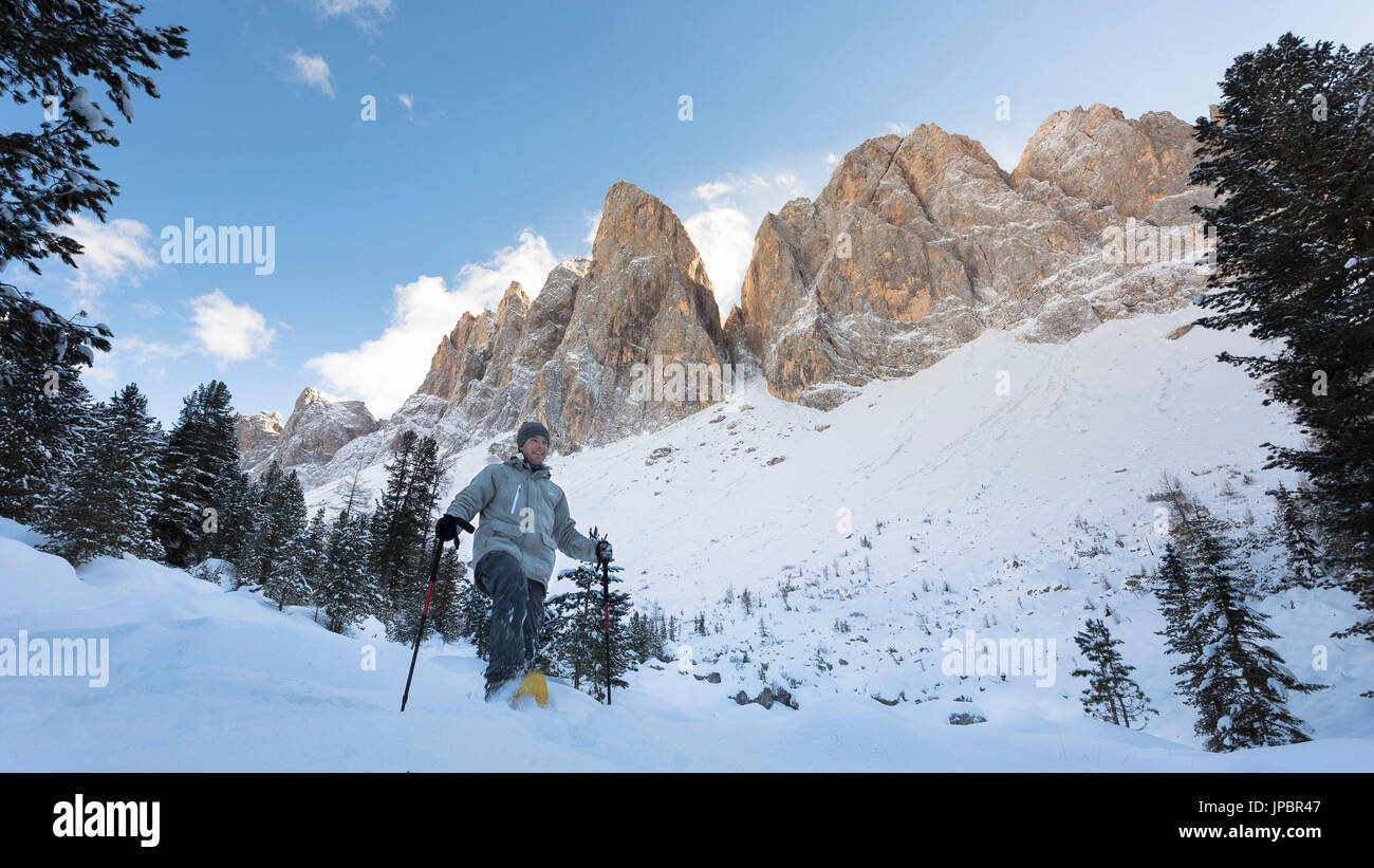 a hiker with snowshoe walking in the fresh snow with Geisler in the ...