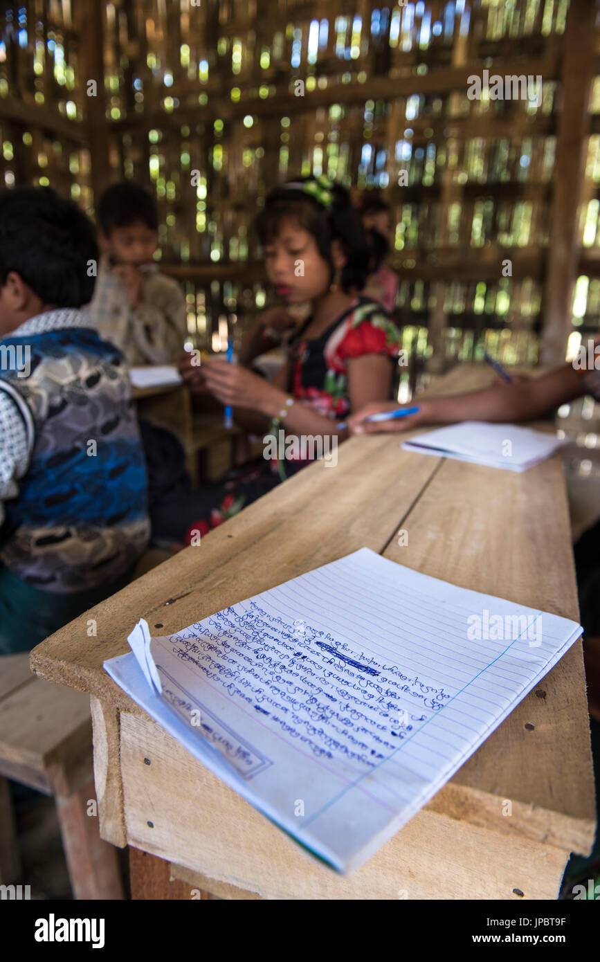 Rakhine state, Myanmar. Young boys in a classroom of a remote Chin ...