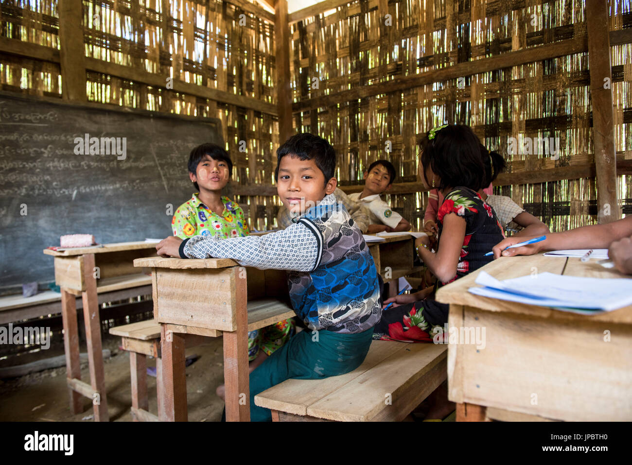 Rakhine state, Myanmar. Young boys in a classroom of a remote Chin ...