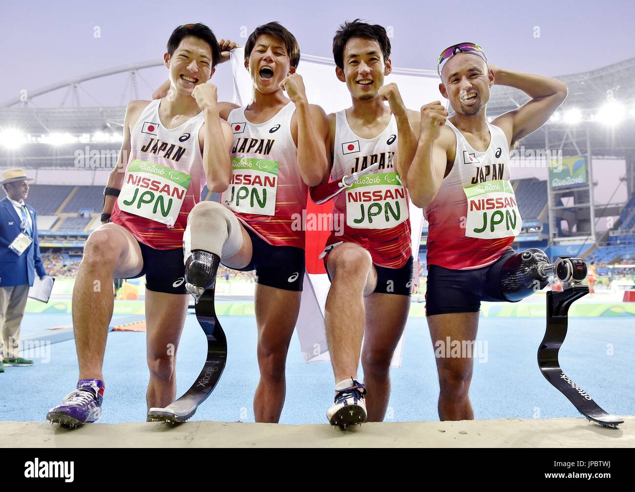 Members of Japan's men's 400-meter relay team -- (from L) Hajimu Ashida, Keita Sato, Tomoki ...