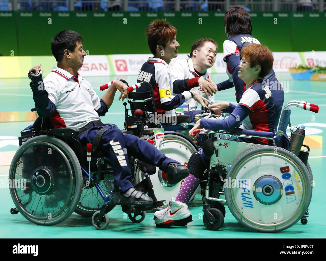 Members of the Japanese boccia team gather together after competing in ...