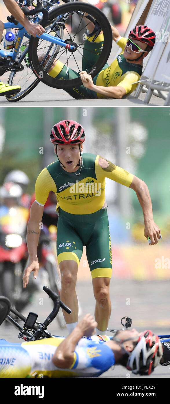 Combination photo shows an Australian cyclist falling down just before ...