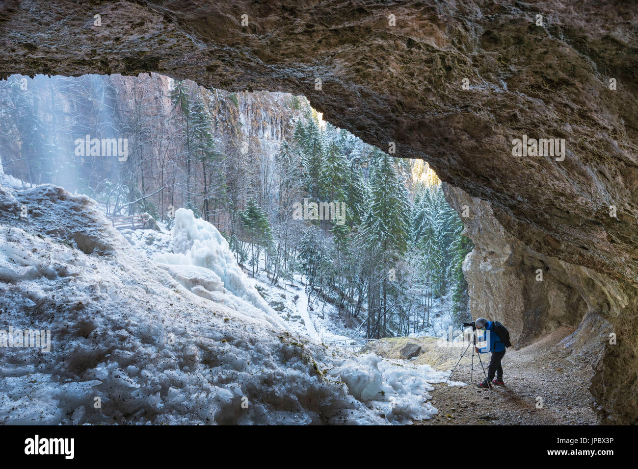 frozen waterfall in the cave Europe, Italy, Trentino Alto Adige region ...