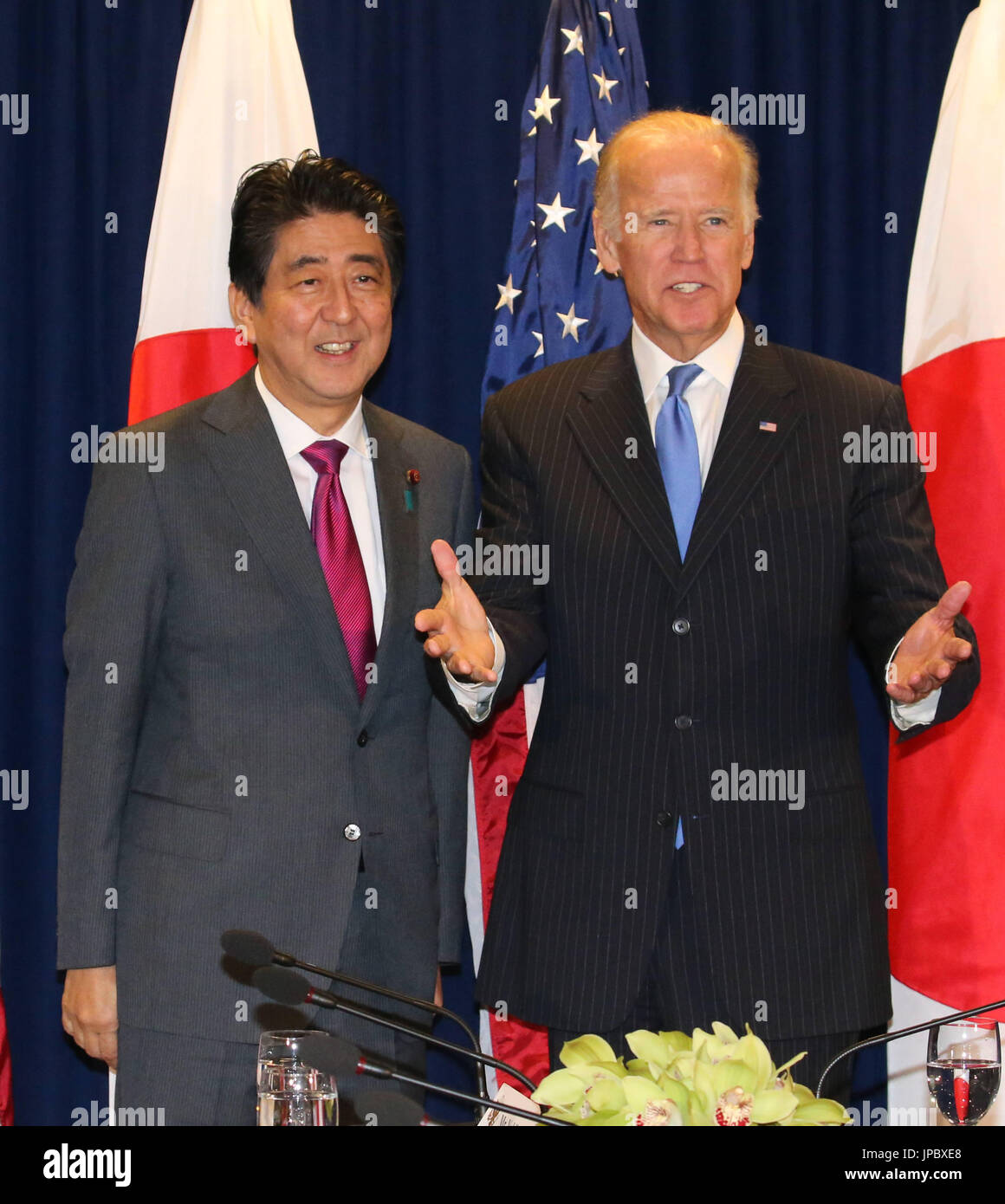 Japanese Prime Minister Shinzo Abe (L) and U.S. Vice President Joe ...