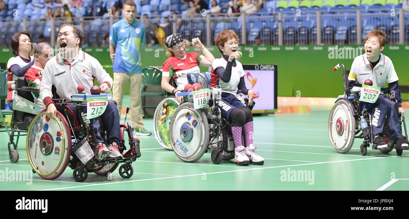 Photo taken Sept. 11, 2016, shows Japan's boccia mixed team competing ...