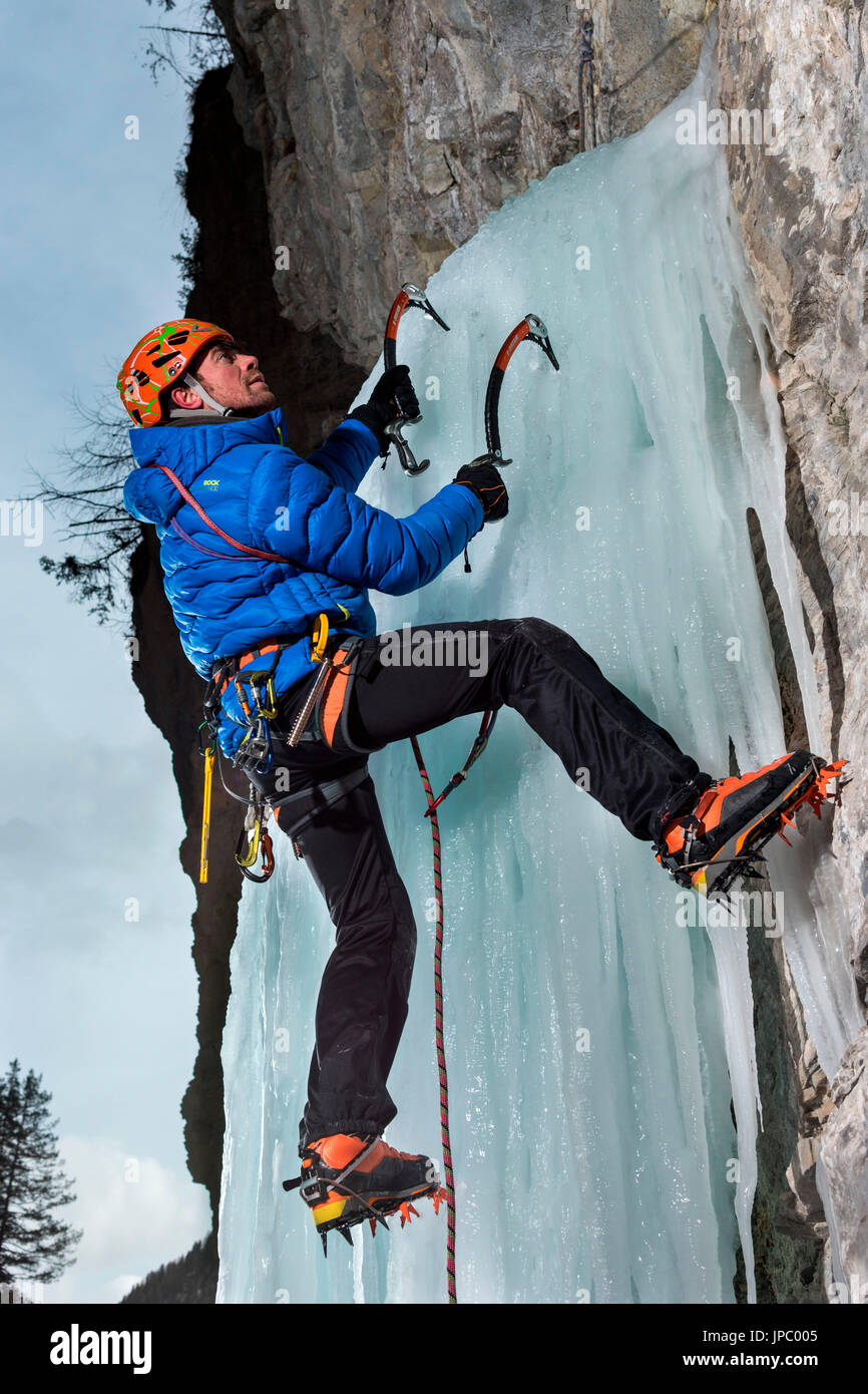Dolomites, Fassa Valley, Italy, Europe, Trentino, Alps. Ice cascades, a ...