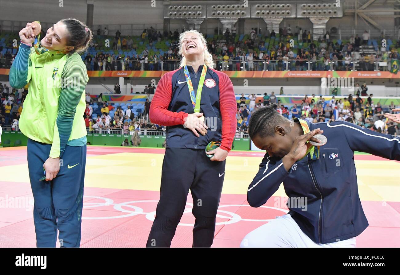 (From L) Women's 78-kilogram class judo medalists from Brazil, the ...