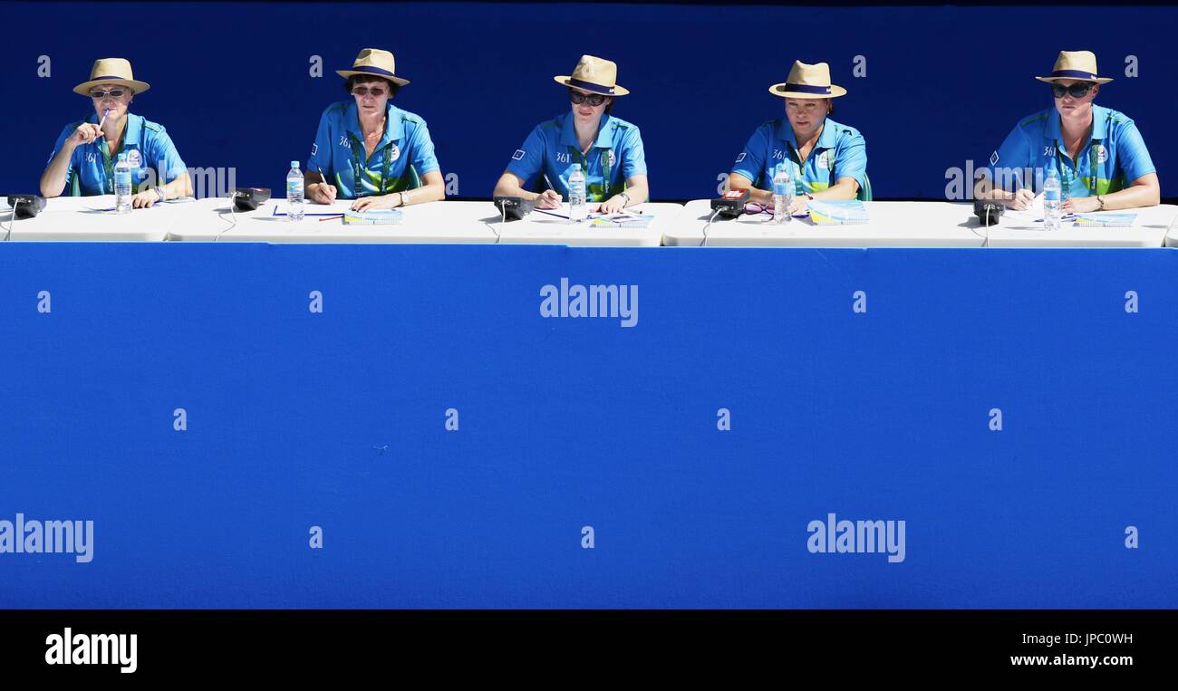 Judges watch the synchronized swimming duet's preliminary competition ...