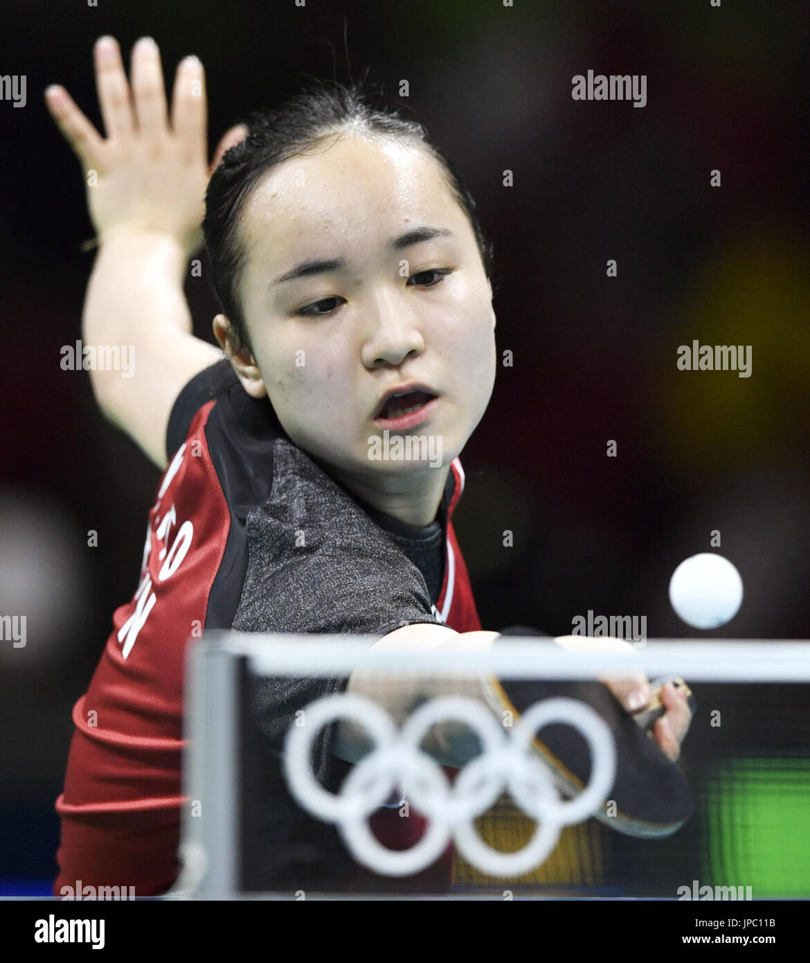 Japan's Mima Ito plays during the bronze medal match in the women's ...