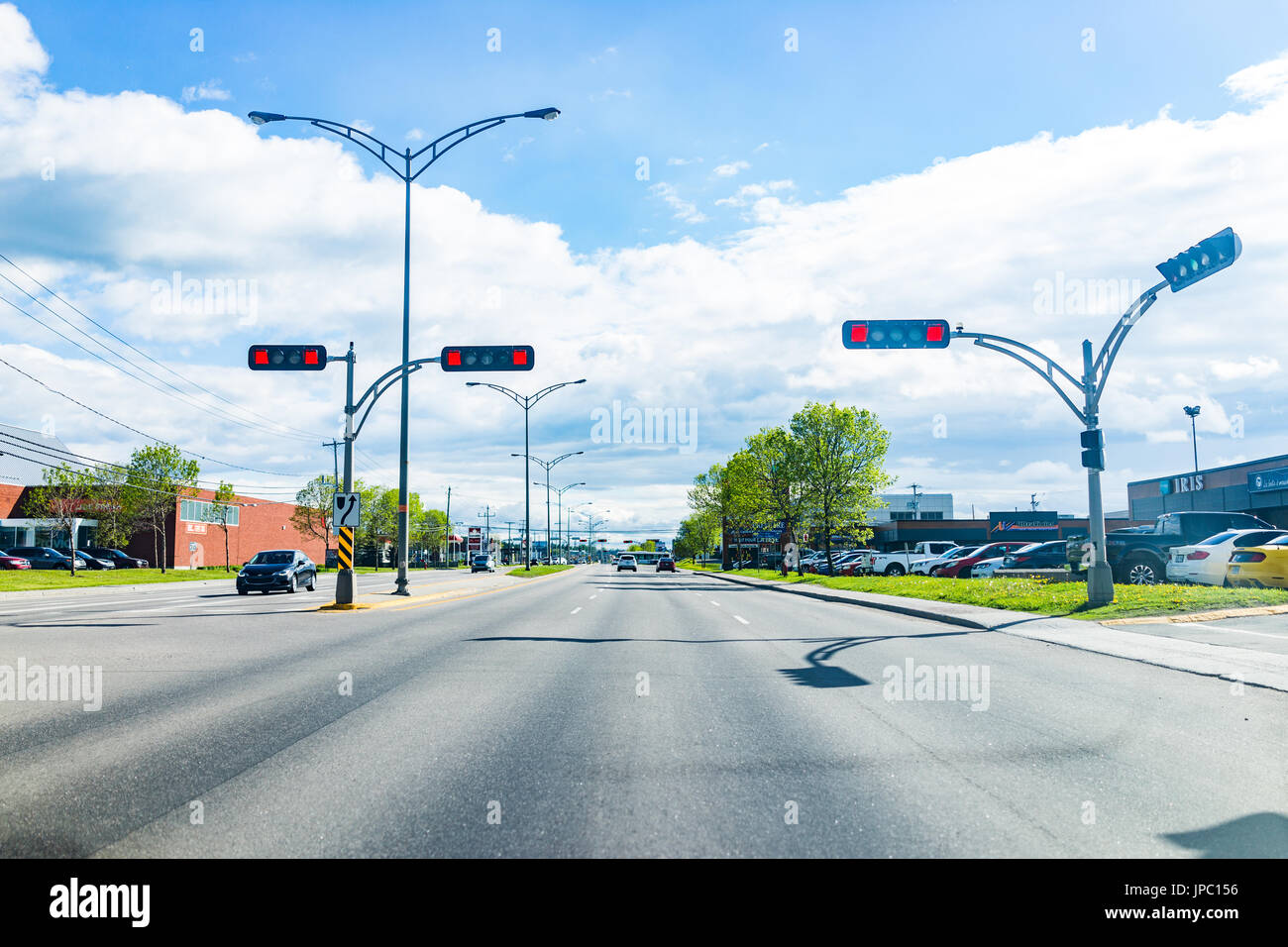 Saguenay, Canada - June 3, 2017: Square red traffic lights on road in ...