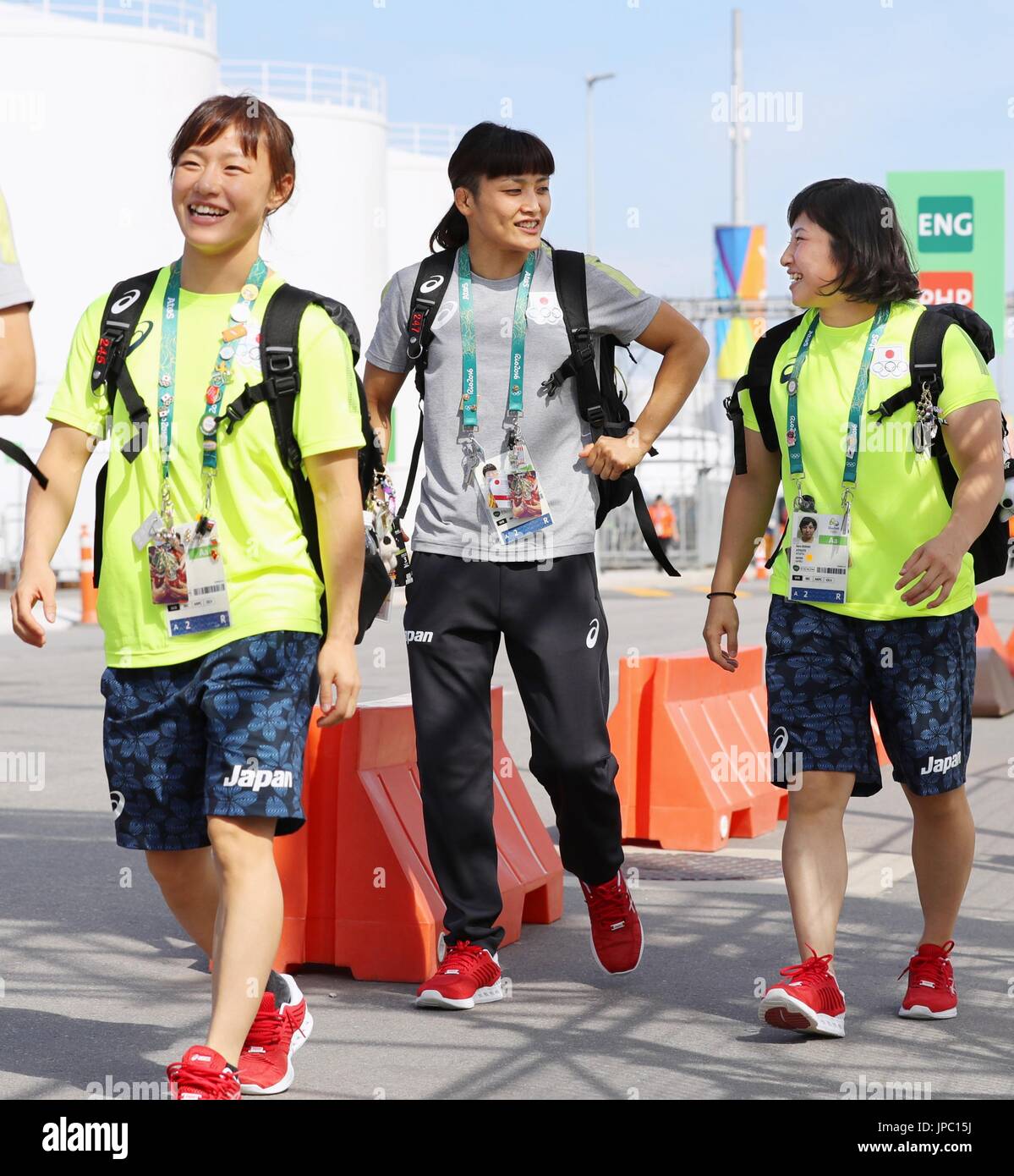 Japanese wrestlers (from L) Eri Tosaka, Kaori Icho and Sara Dosho smile ...