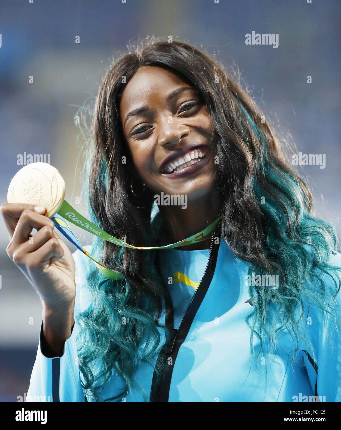 Gold medalist Shaunae Miller of the Bahamas smiles during the medal ...