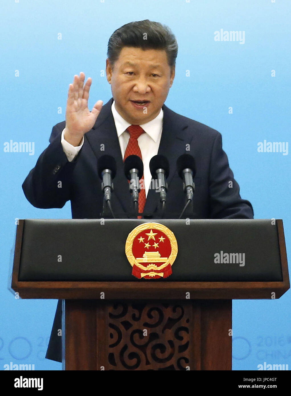 Chinese President Xi Jinping makes a speech in Hangzhou, China, on Sept ...