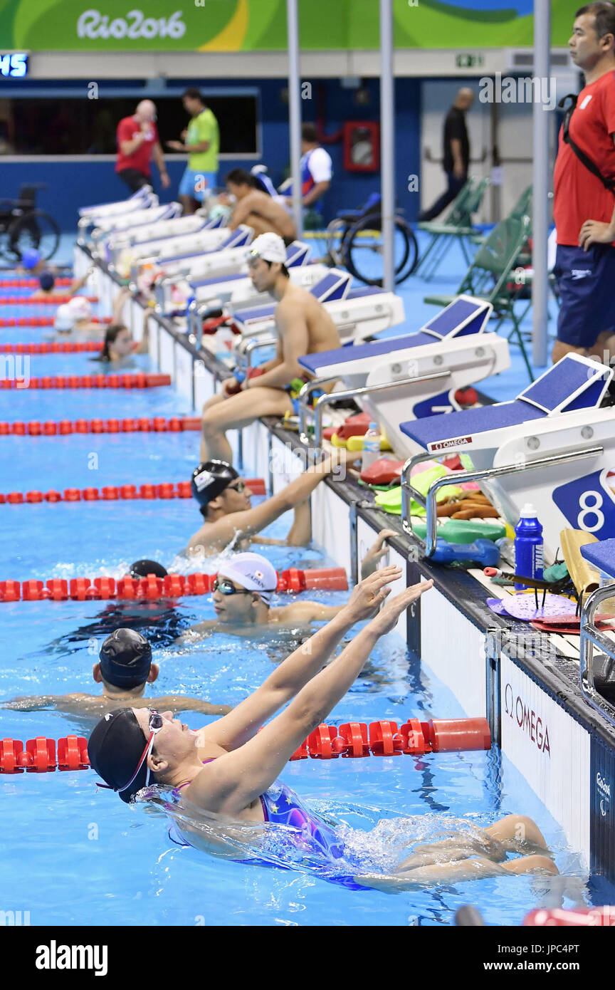Swimmers train at the venue of the Rio de Janeiro Paralympic swimming competition on Sept. 4 ...
