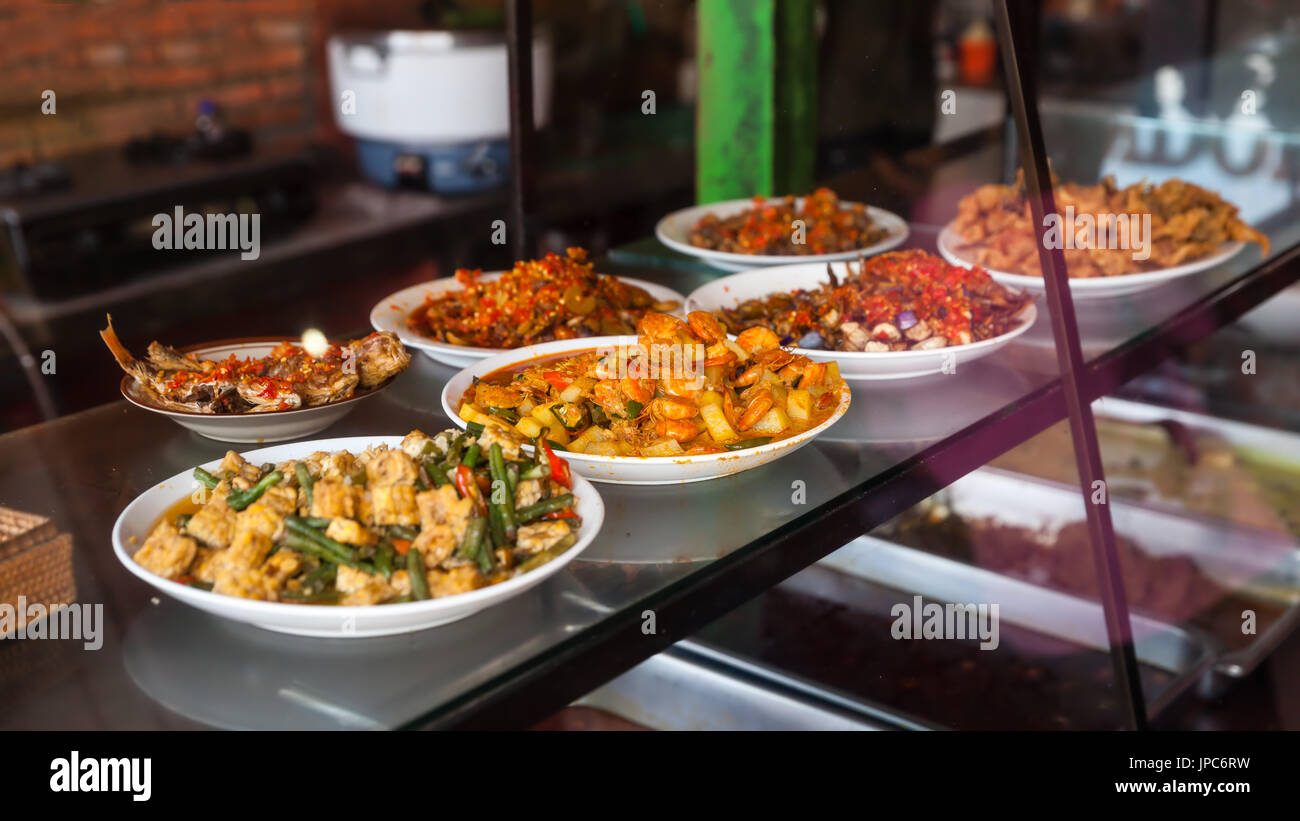 Traditional balinese food in a restaurant in the popular tourist area ...