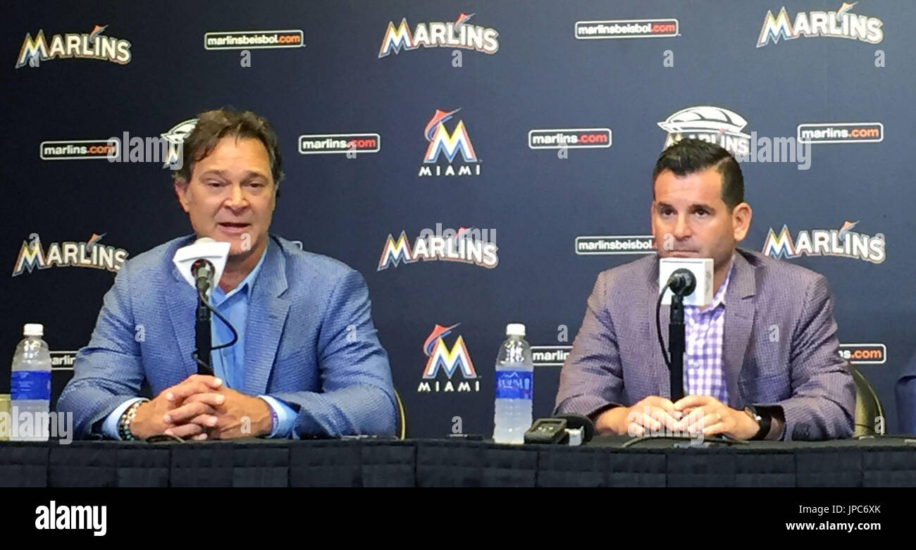 Miami Marlins president David Samson (R), alongside the team's manager ...