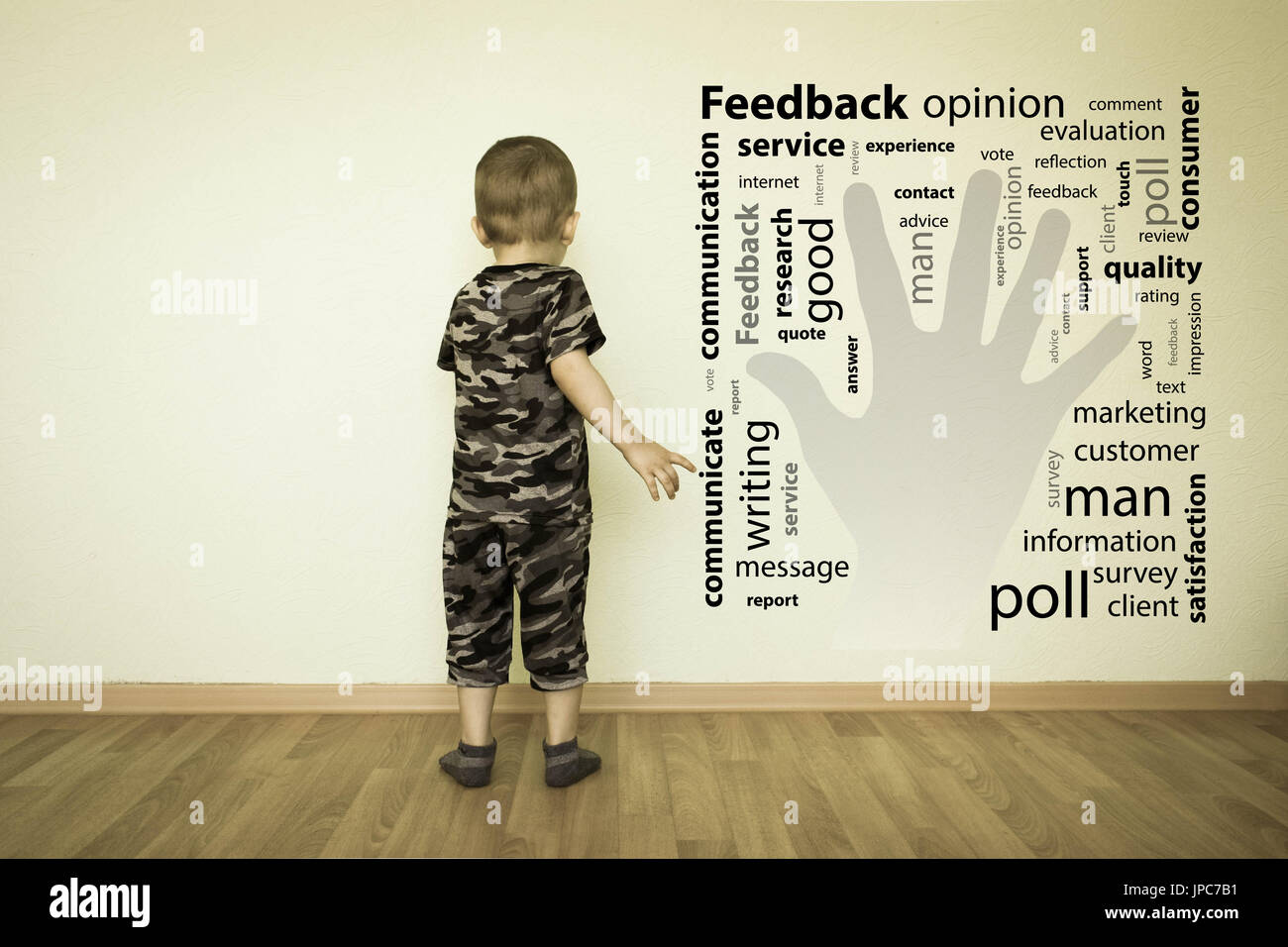 feedback concept. Photo for your design. The boy at the wall Stock ...