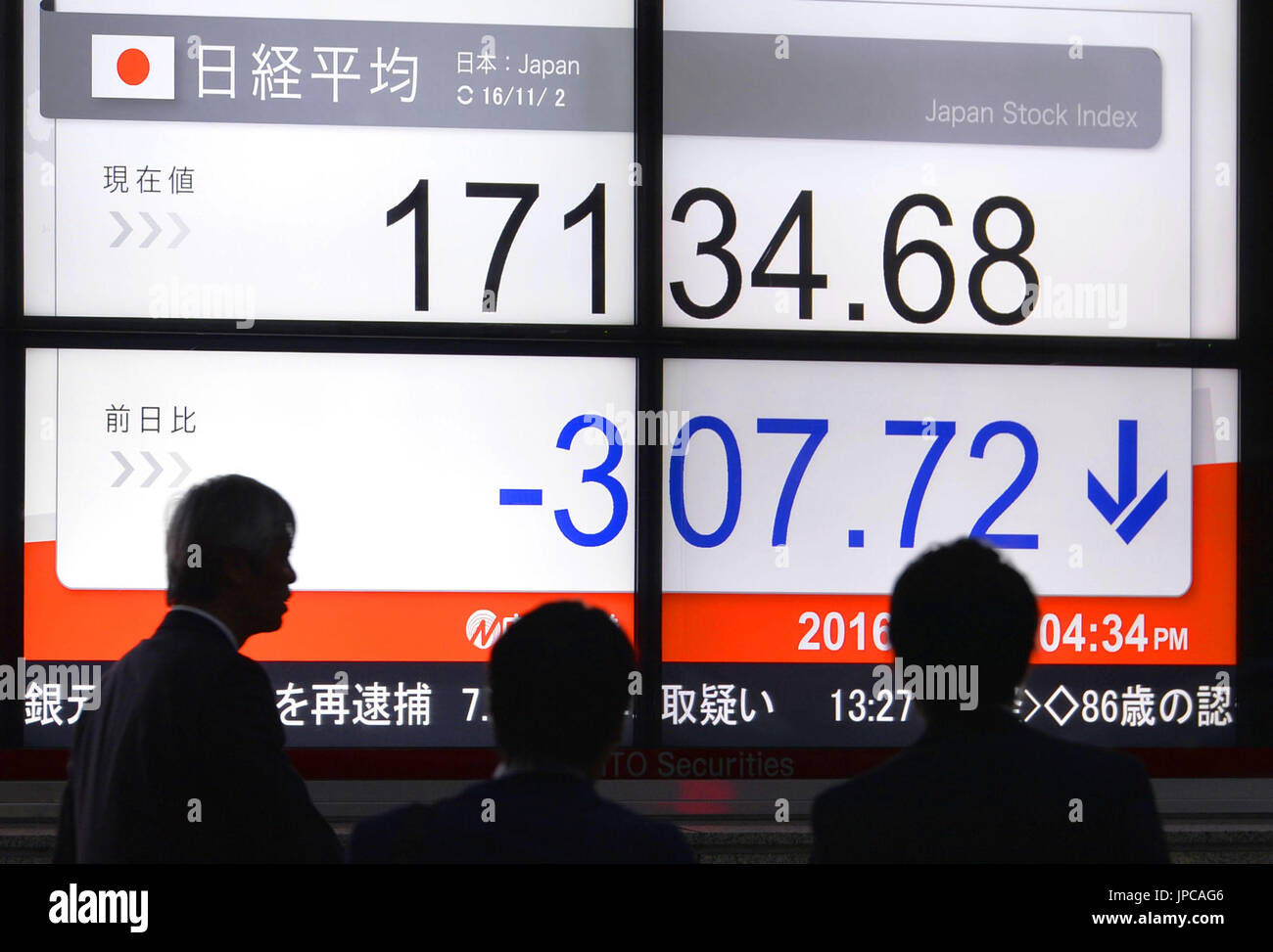 A digital display in Tokyo shows the benchmark Nikkei stock index ...