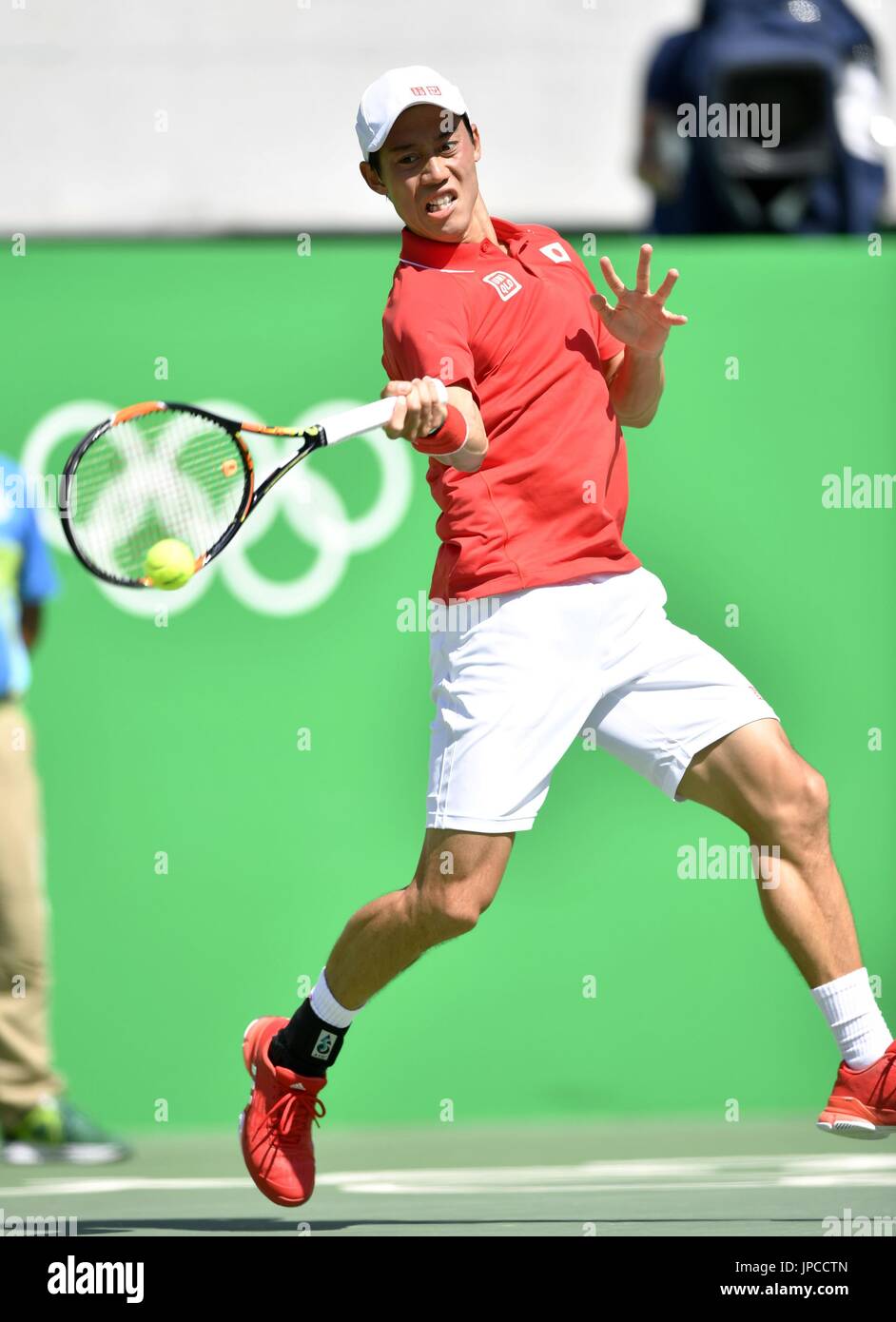 Kei Nishikori of Japan plays a forehand during his tennis semifinal ...
