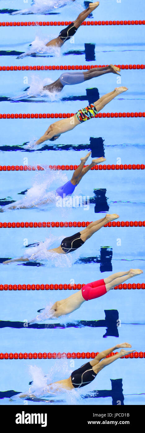 Swimmers dive into the pool at the start of a men's 50 meter freestyle ...