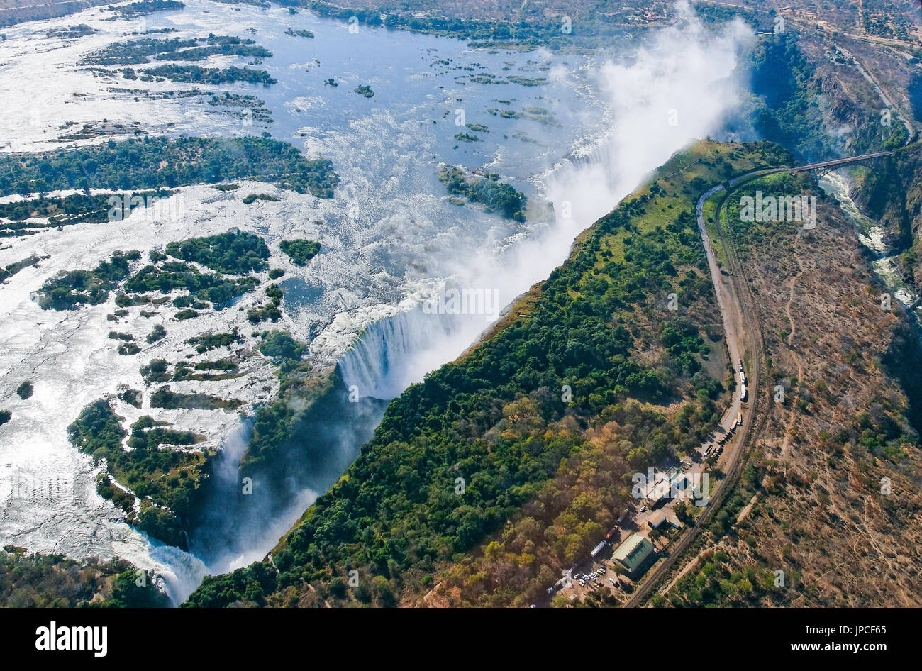 Victoria Falls - Aerial View showing bridge and road from Zimbabwe to ...