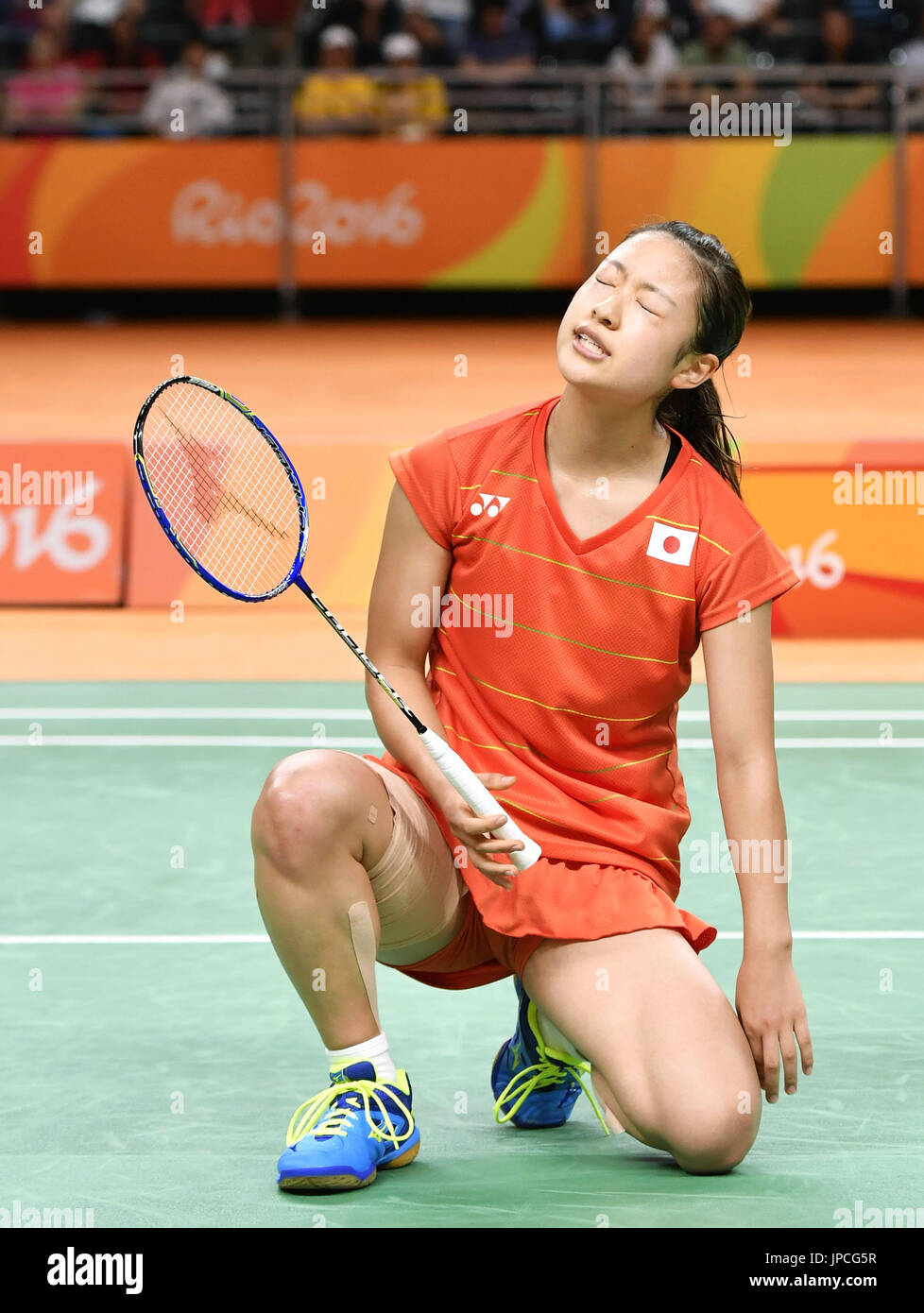 Japan's Nozomi Okuhara reacts during a women's singles badminton ...