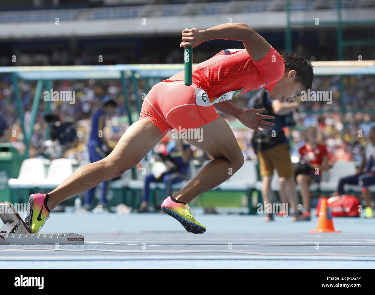 Ryota Yamagata starts for the Japanese team in a 4x100-meter relay ...