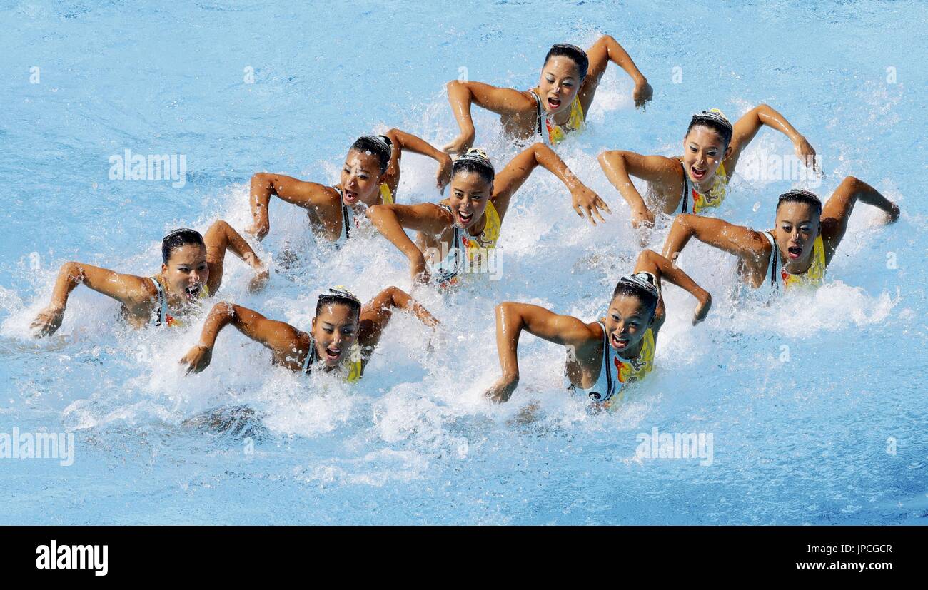 Japan's synchronized swimming team performs during the free routine ...
