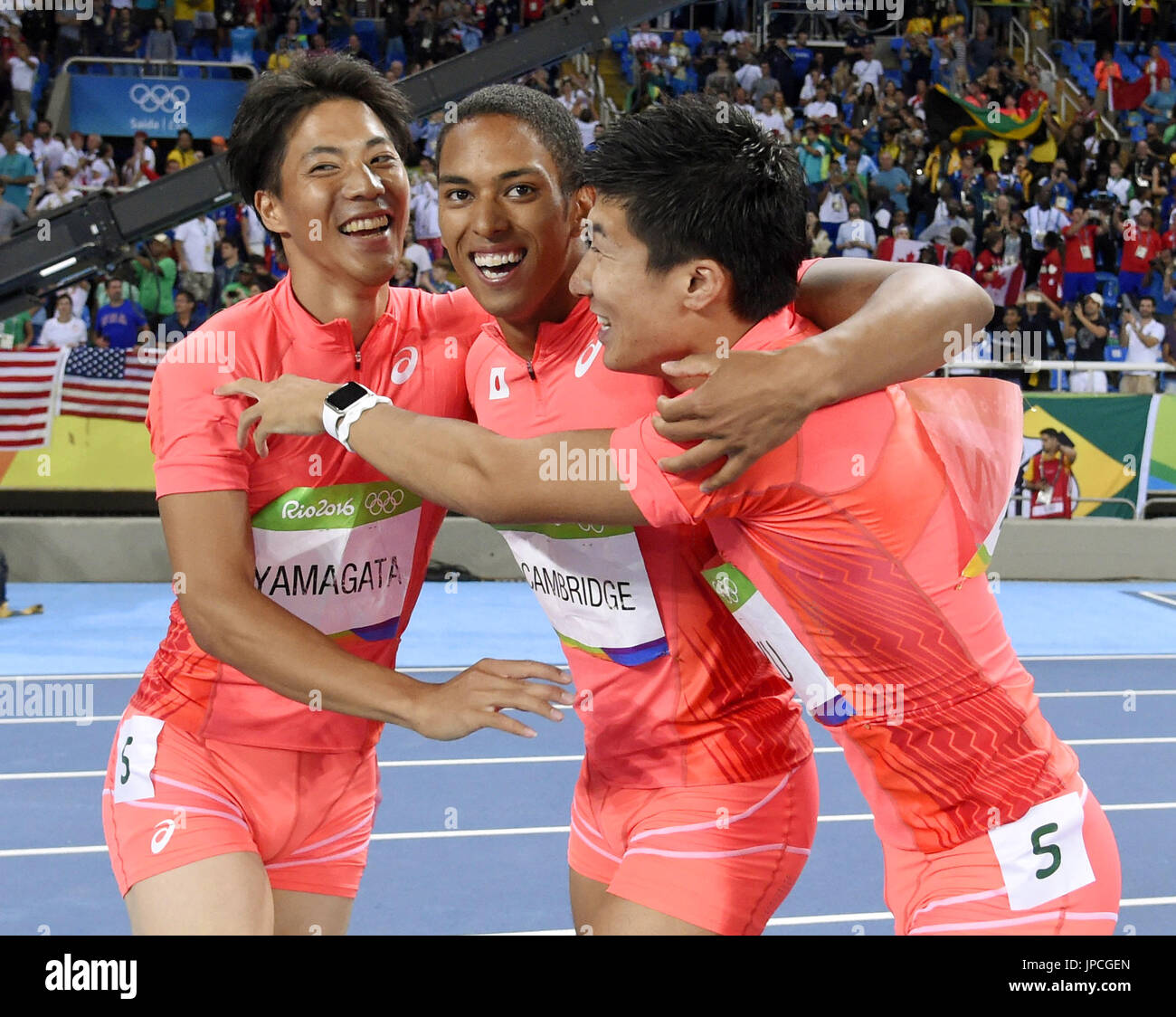 (From L) Japanese sprinters Ryota Yamagata, Asuka Cambridge and ...