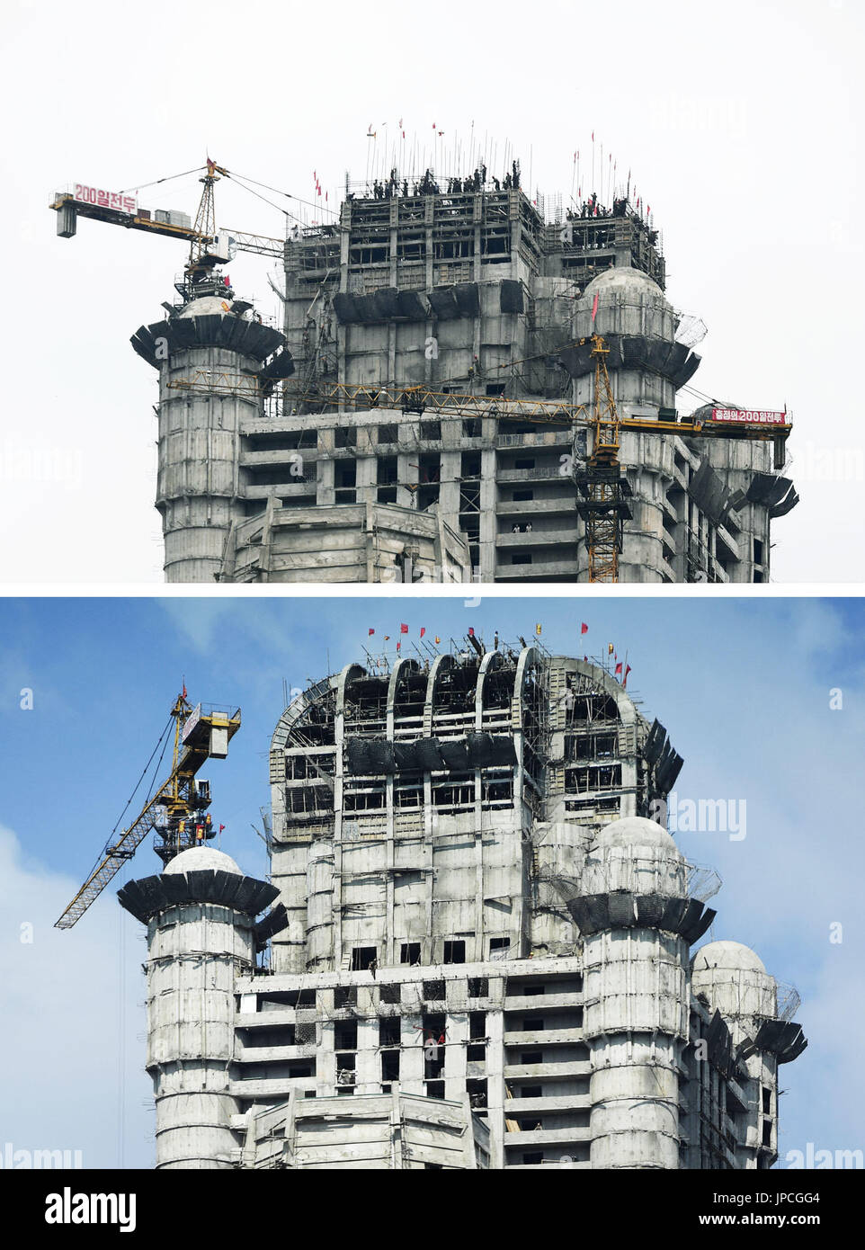 Combination photo shows a high-rise condominium under construction in ...