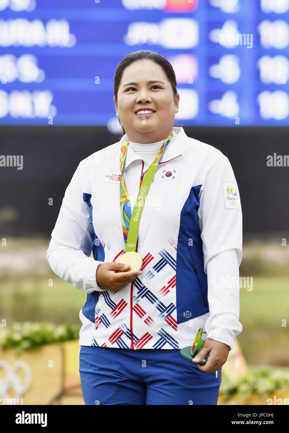 South Korean golfer Park In Bee poses with her gold medal at the Rio de ...