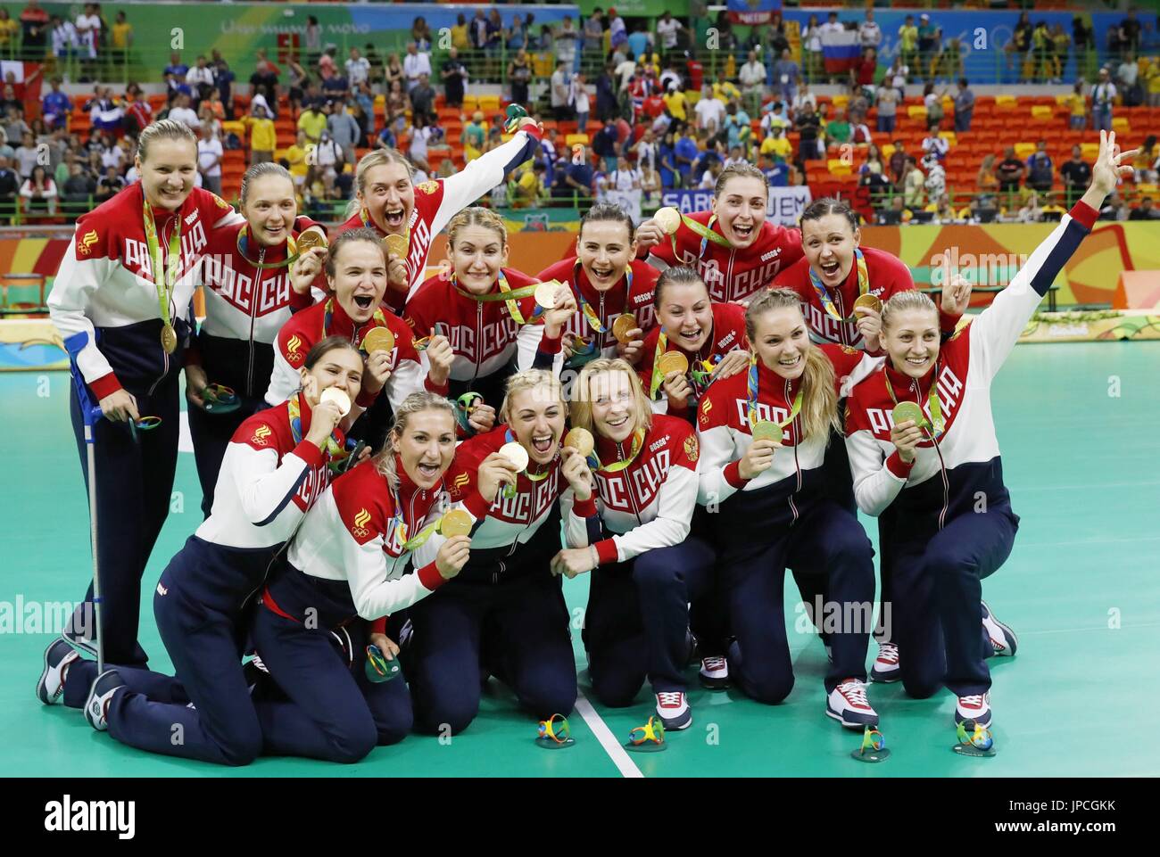 Members of the Russian women's handball team pose for a photo after ...