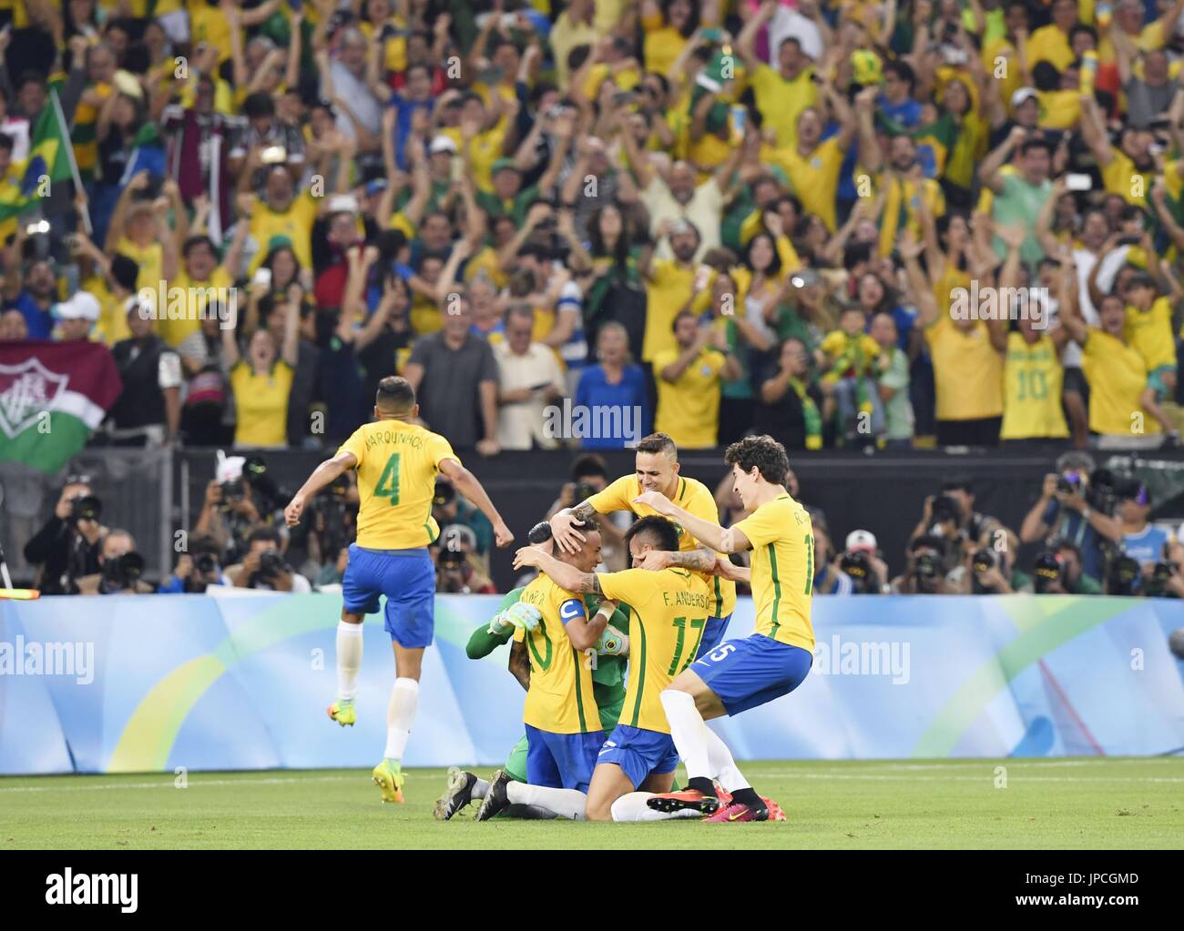 Brazil players celebrate after their team defeated Germany in the men's ...