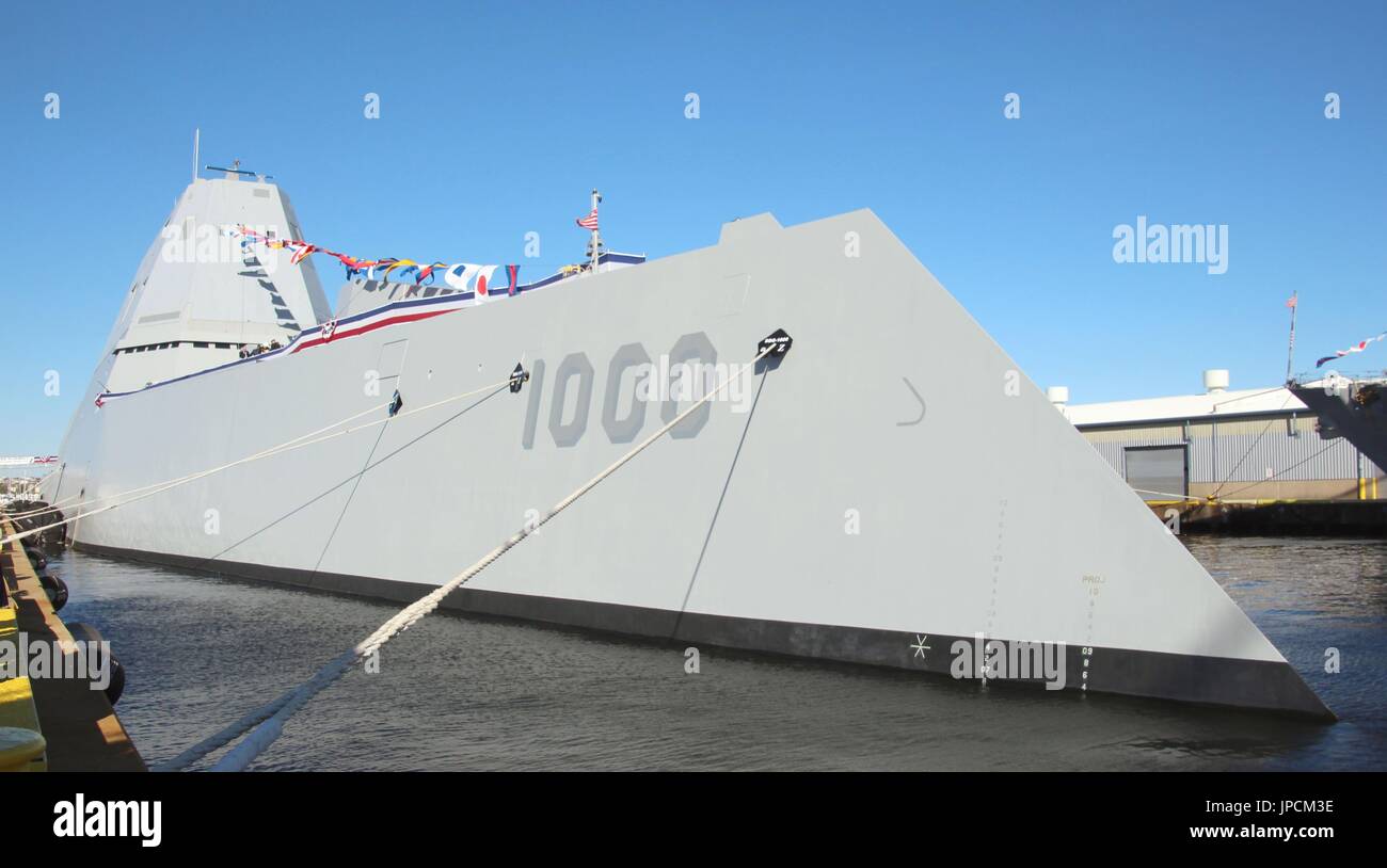 The U.S. Navy's new guided-missile destroyer Zumwalt is anchored at ...