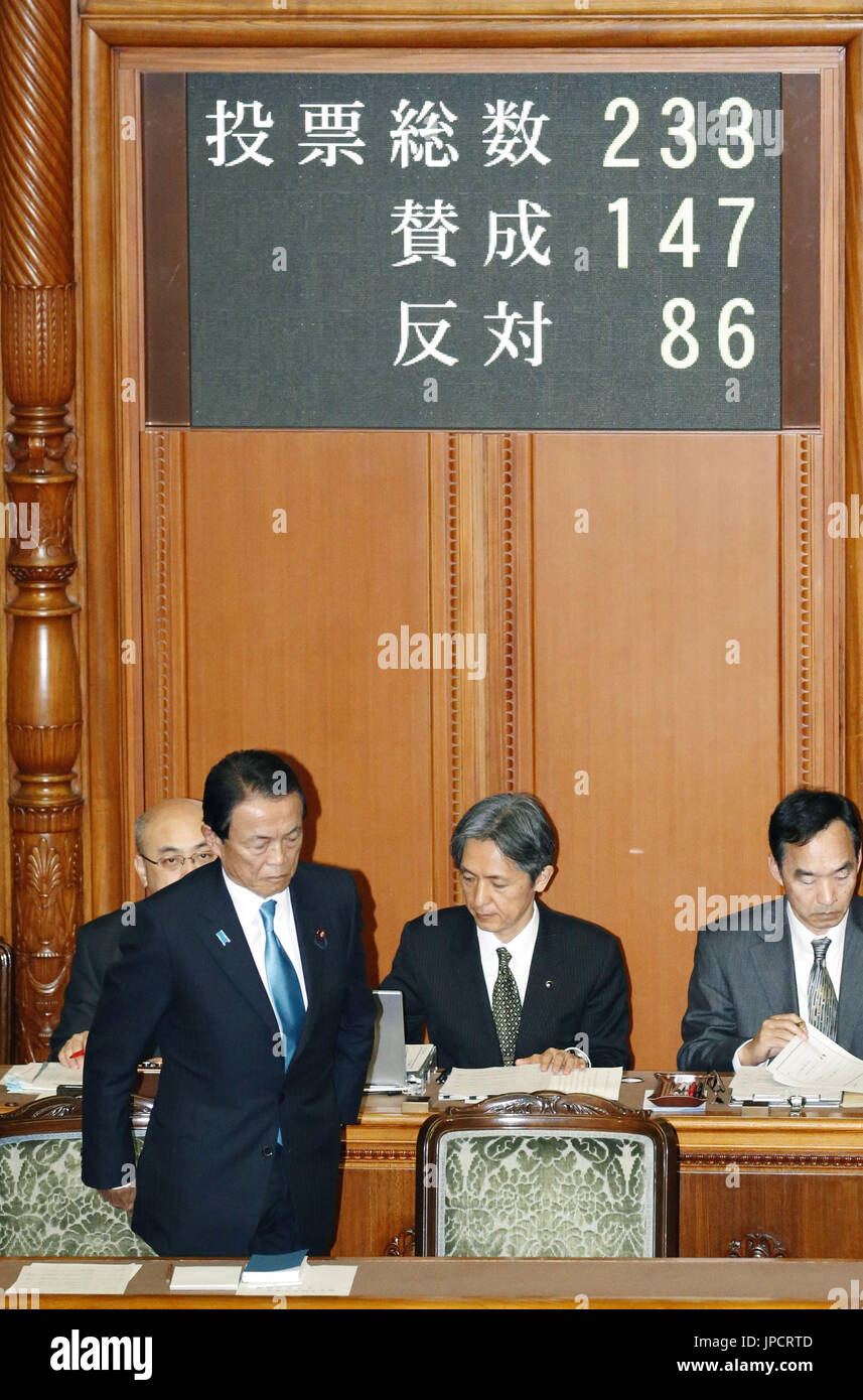 Finance Minister Taro Aso (standing) bows to a House of Councillors ...