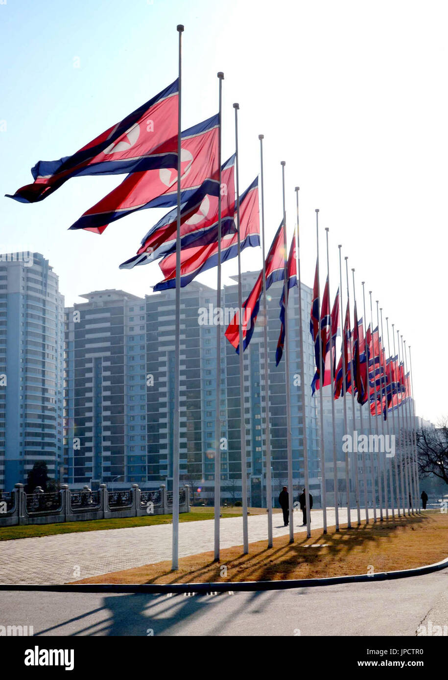 The North Korean flags fly half-mast in Pyongyang on Nov. 29, 2016, to ...