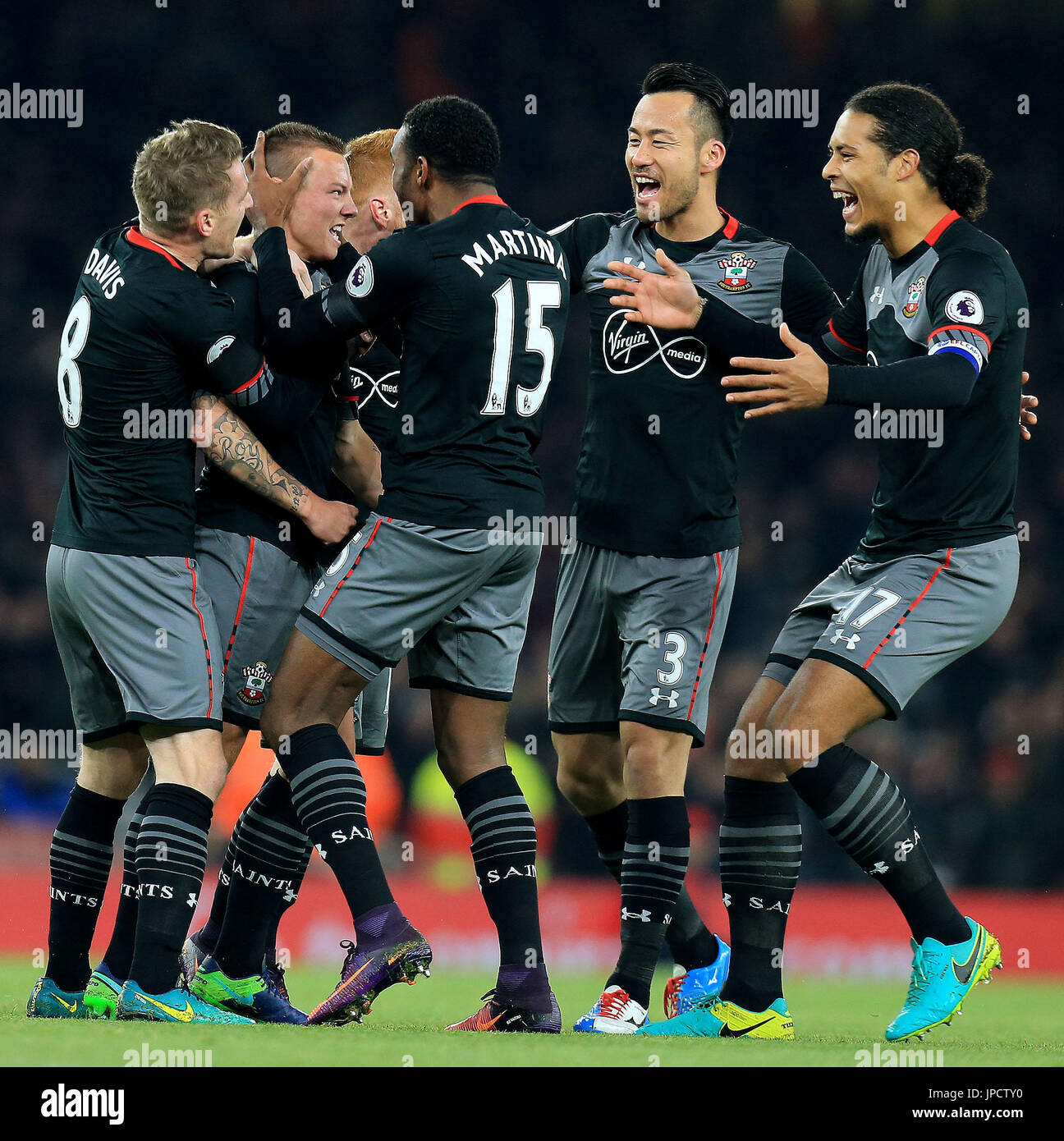 Southampton players celebrate after Jordy Clasie (2nd from L) opens the ...