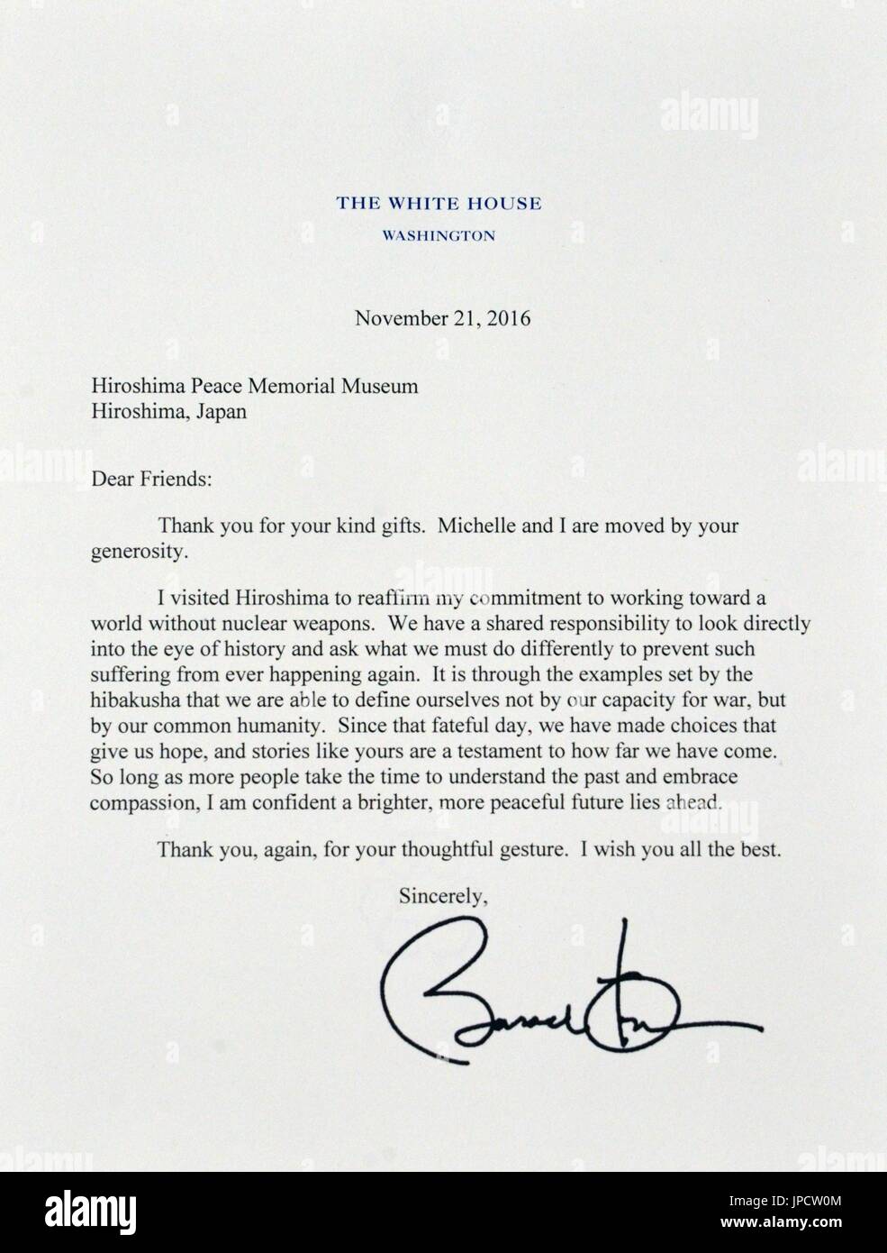 Photo taken Dec. 2, 2016, shows a letter from U.S. President Barack ...