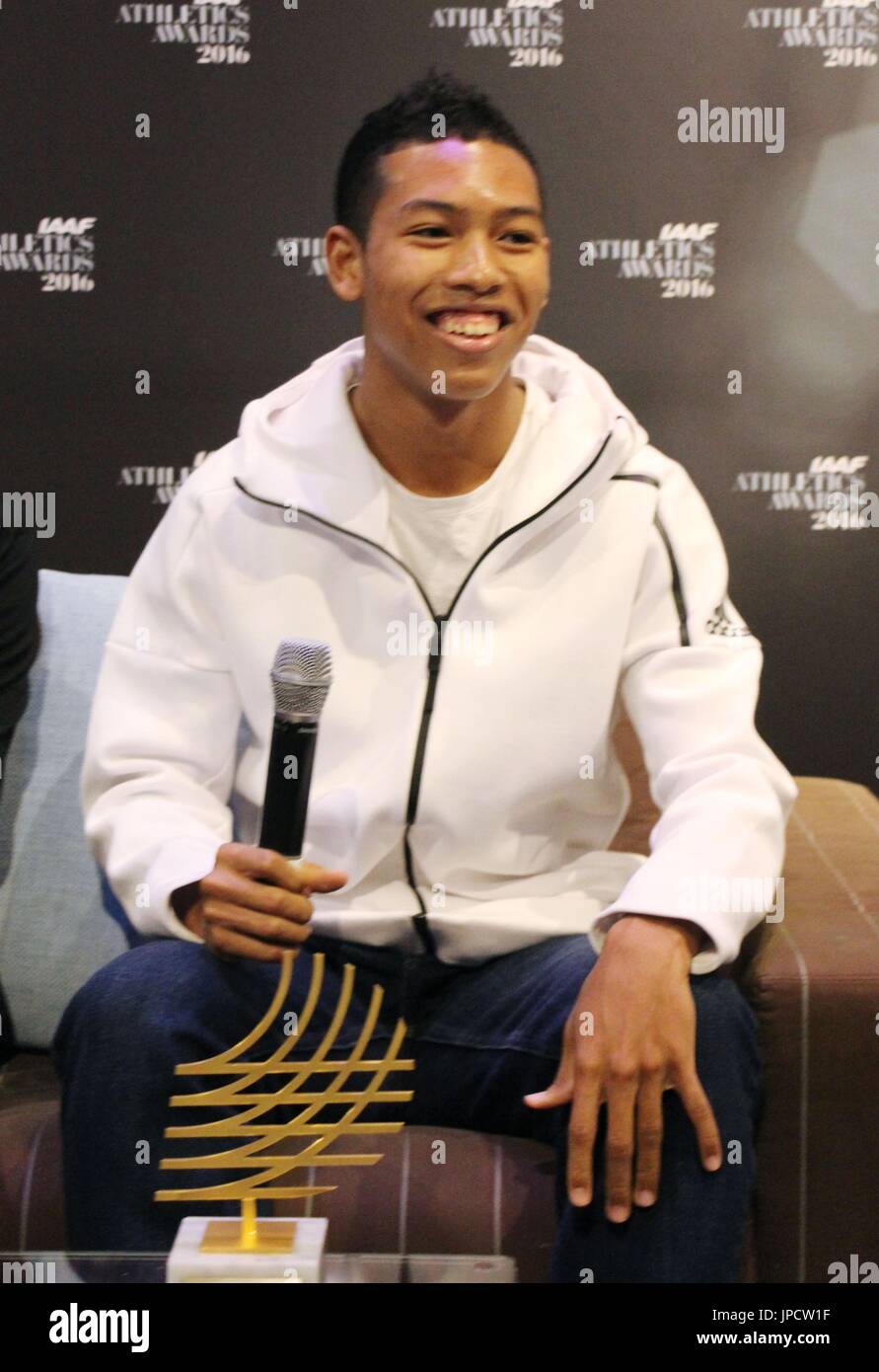 Japanese sprinter Abdul Hakim Sani Brown attends a press conference on ...