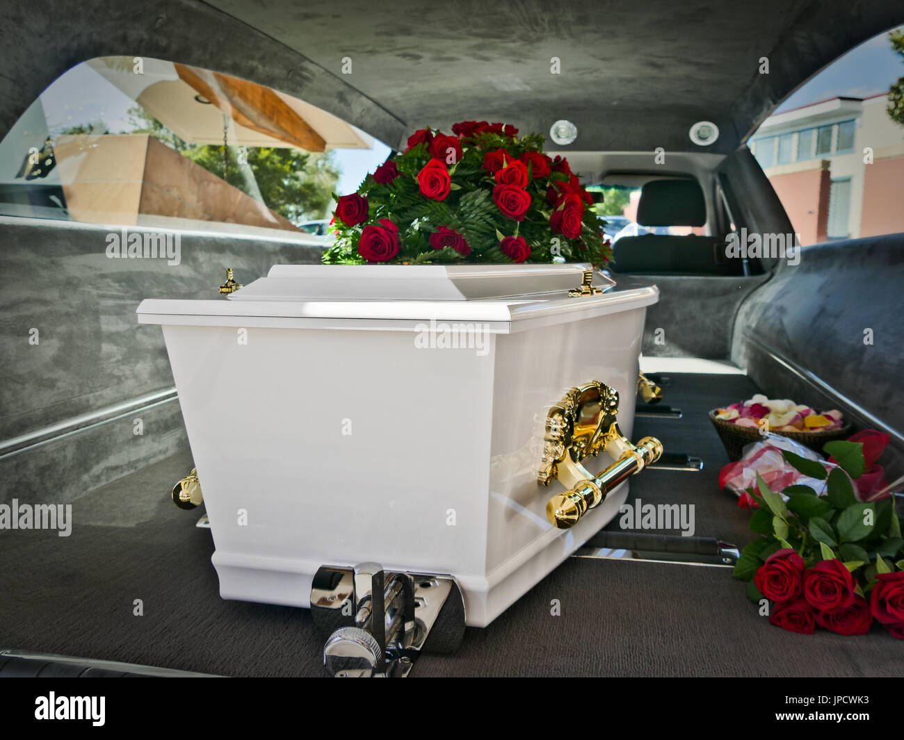 funeral casket or coffin inside the hearse or at church, chapel Stock ...