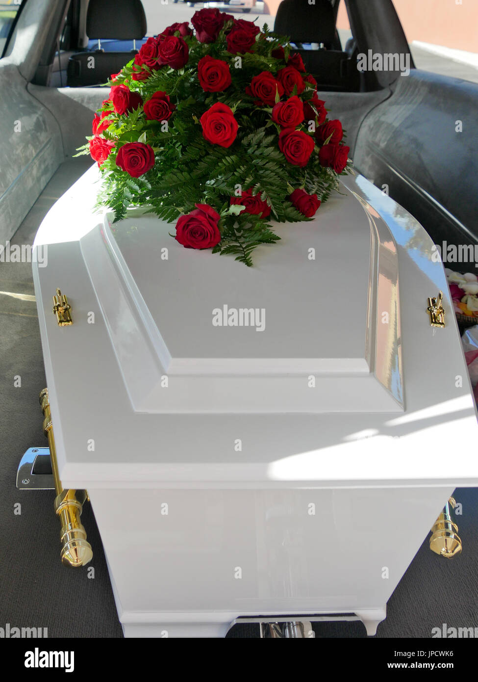 funeral casket or coffin inside the hearse or at church, chapel Stock ...