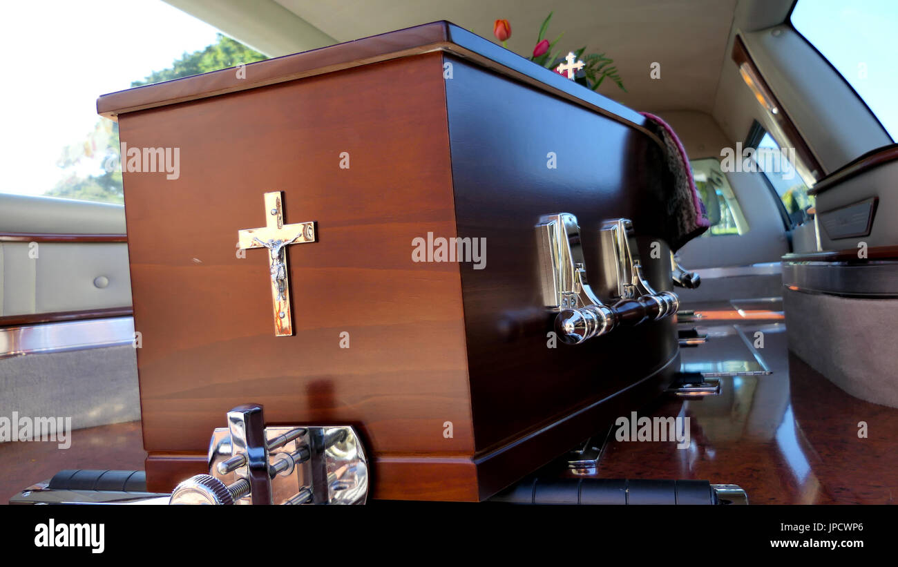 funeral casket or coffin inside the hearse or at church, chapel Stock ...
